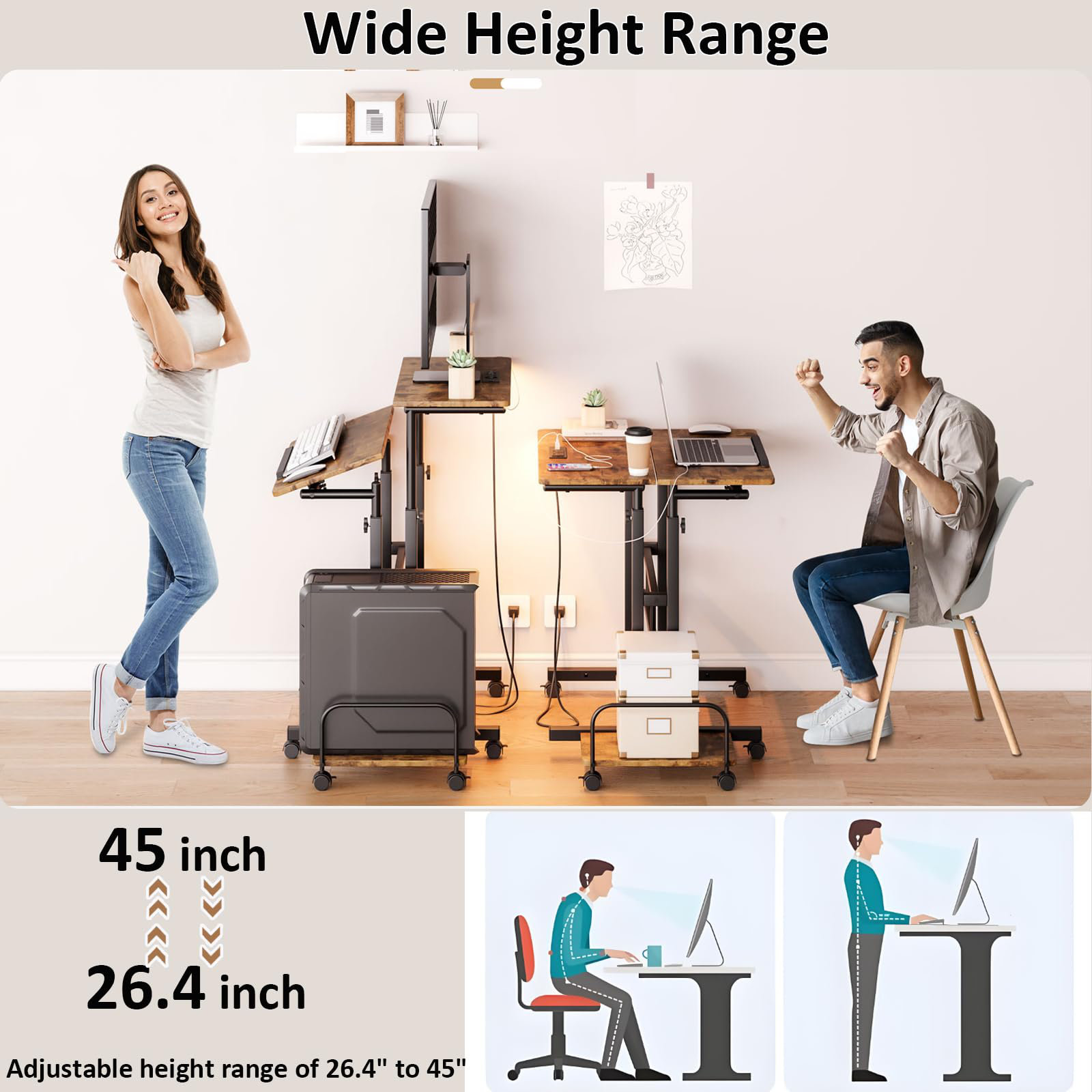 wanmo Mobile Standing Desk With Power Outlets & Strip Lights, Rolling ...