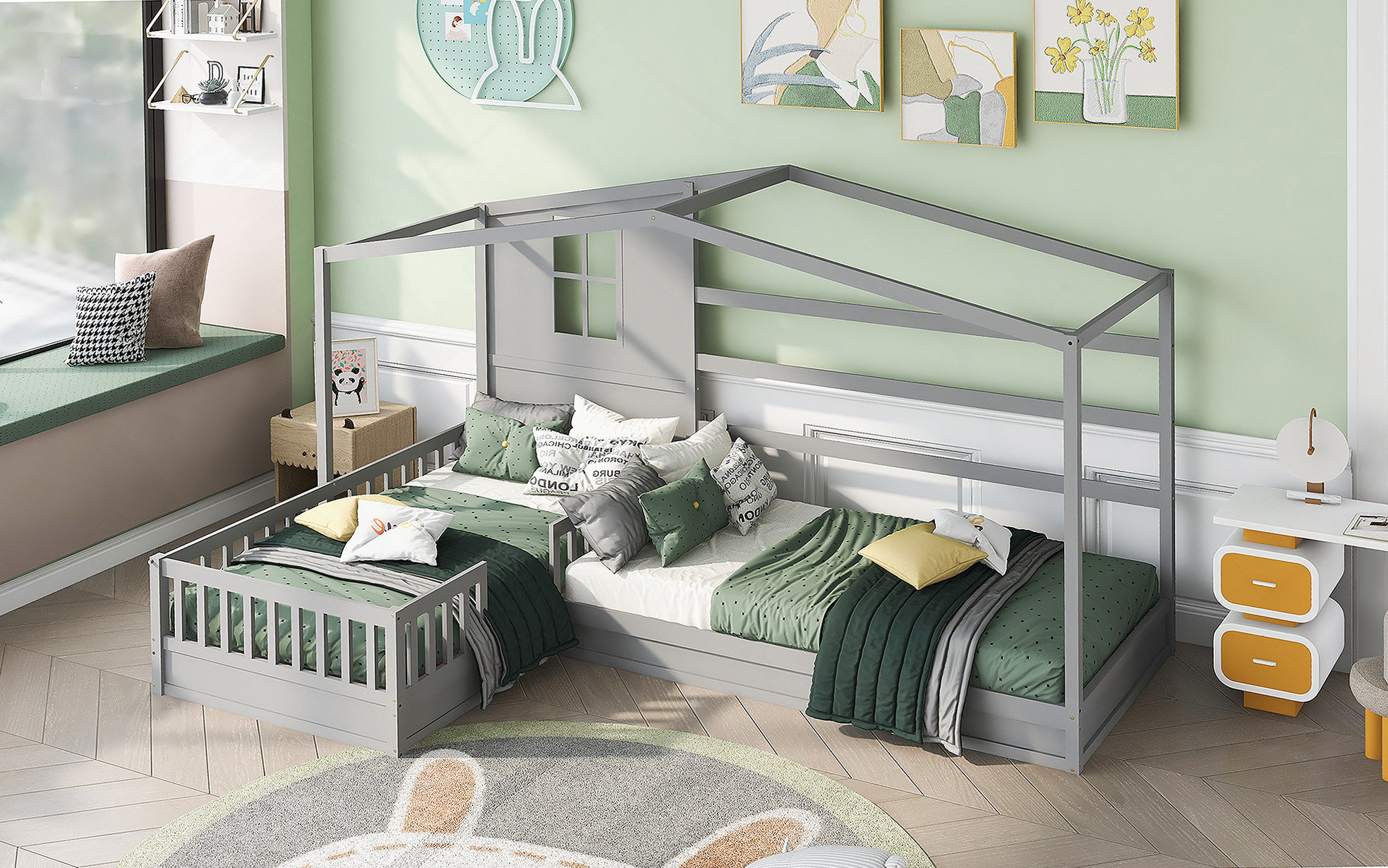 Ophelia & Co. Wood House Bed, 2 Twin Solid Bed L structure with fence ...
