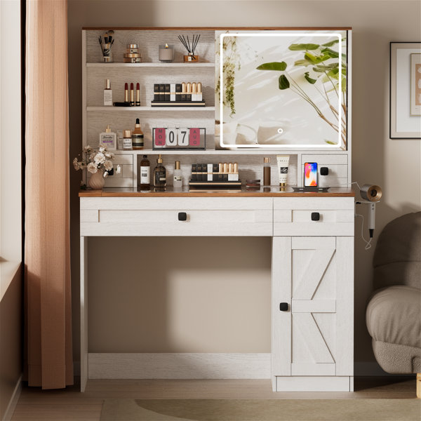 Mercer41 Keysean Farmhouse Vanity Desk with Sliding Mirror and Lights ...