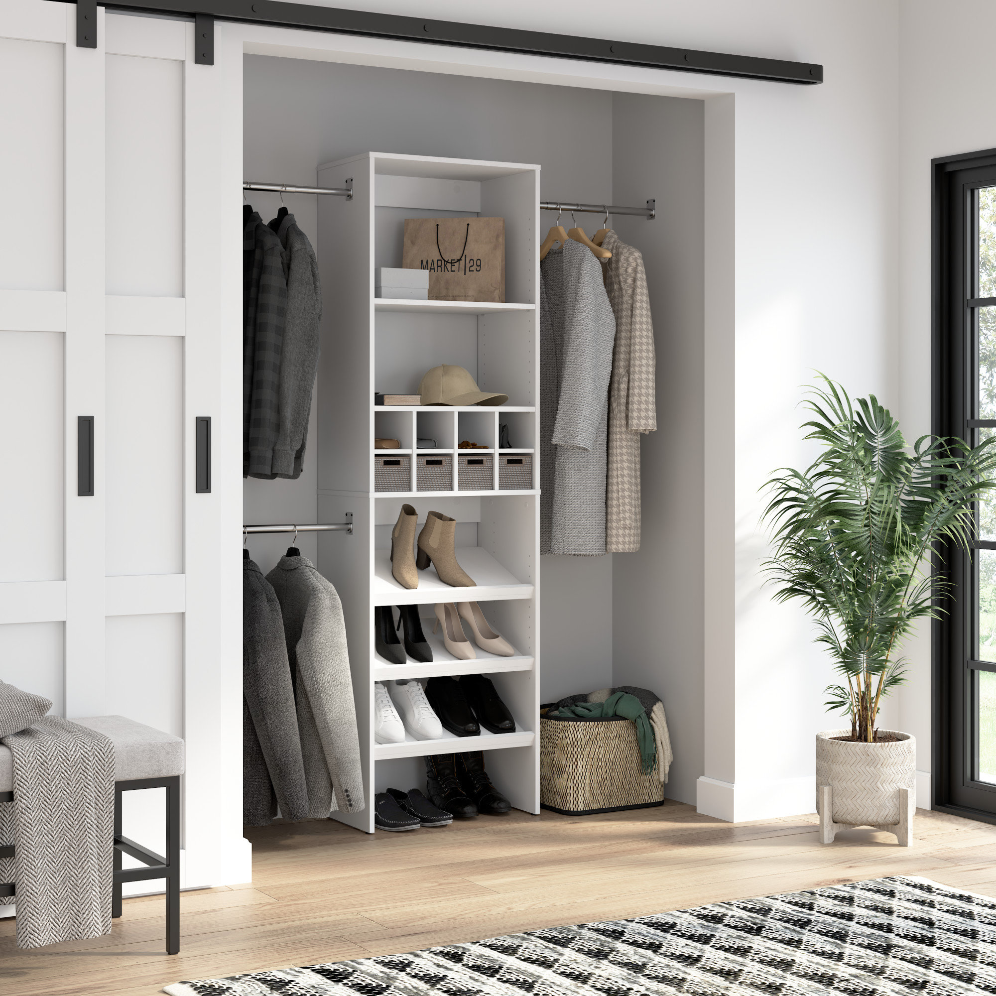 Bestar Carina 24W Closet Organizer With Shoe Shelves, Clothing Rods And ...