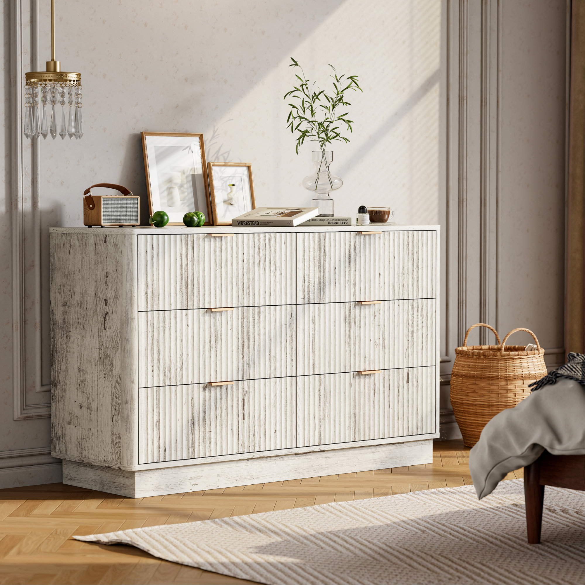 Latitude Run® Elegant Fluted 6 Drawer Dresser, Wood Dressers with Round ...