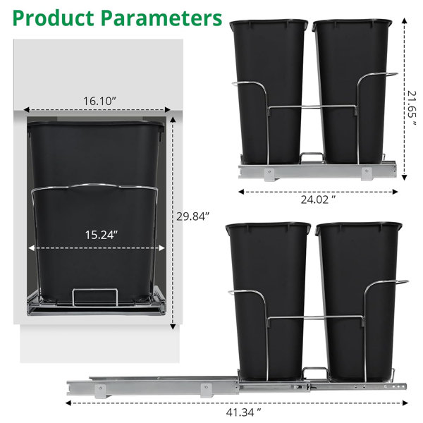 Homhougo 2×25 QT Dual Pull Out Trash Can Under Cabinet,Garbage Waste ...