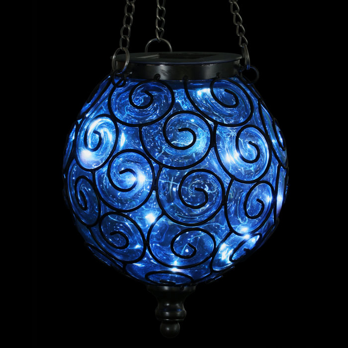 Exhart Solar Round Glass and Metal Hanging Lantern with 15 Cool White ...
