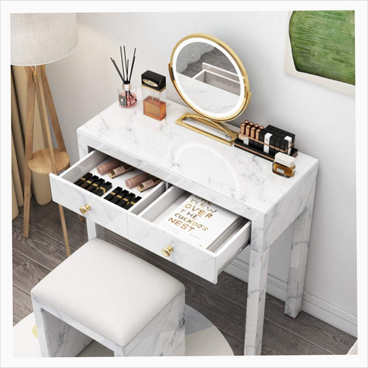 Mercer41 Tempered Glass Marble Texture Dressing Table | Wayfair