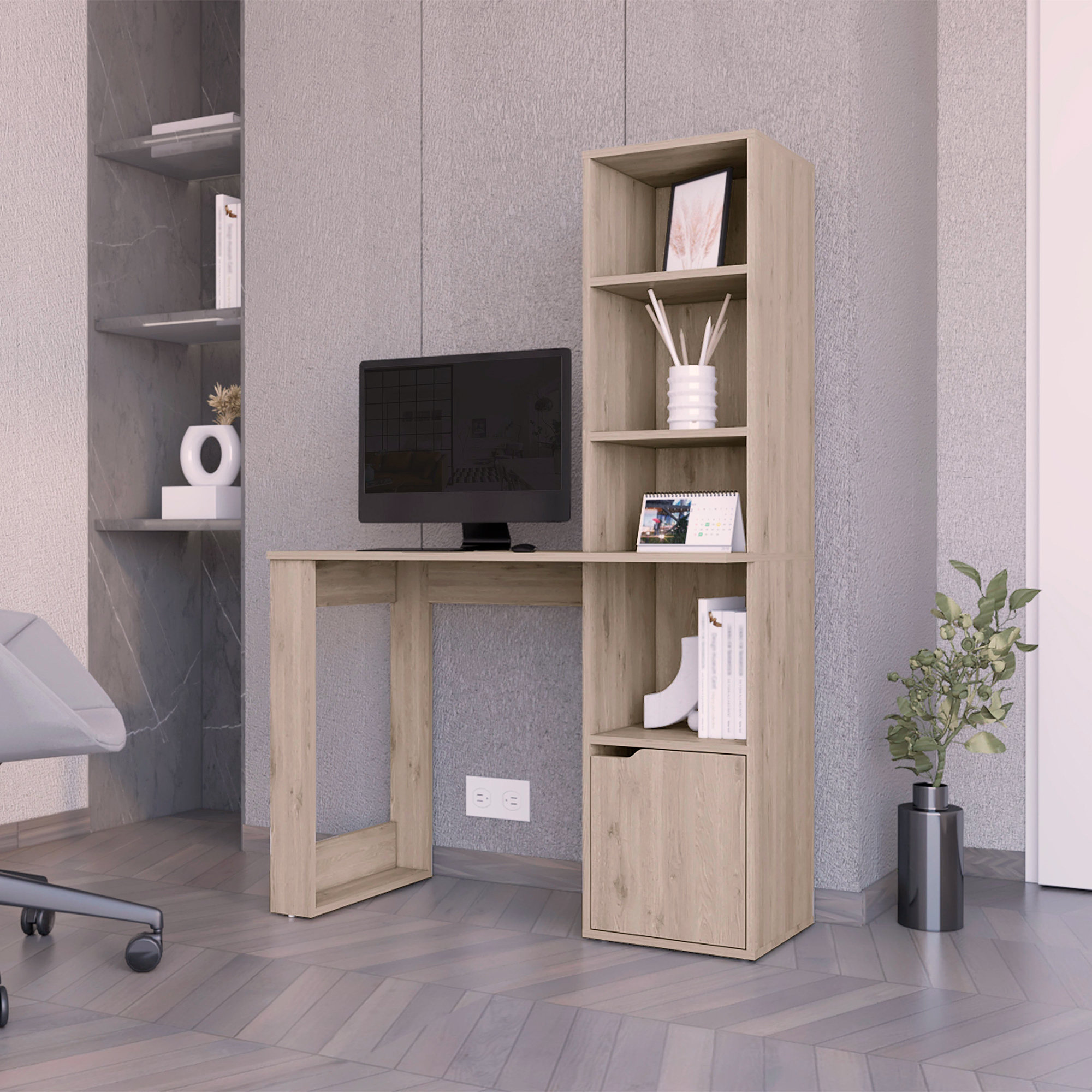 Latitude Run® Broadmoor Computer Desk with 4-Tier Bookcase and 1-Door ...