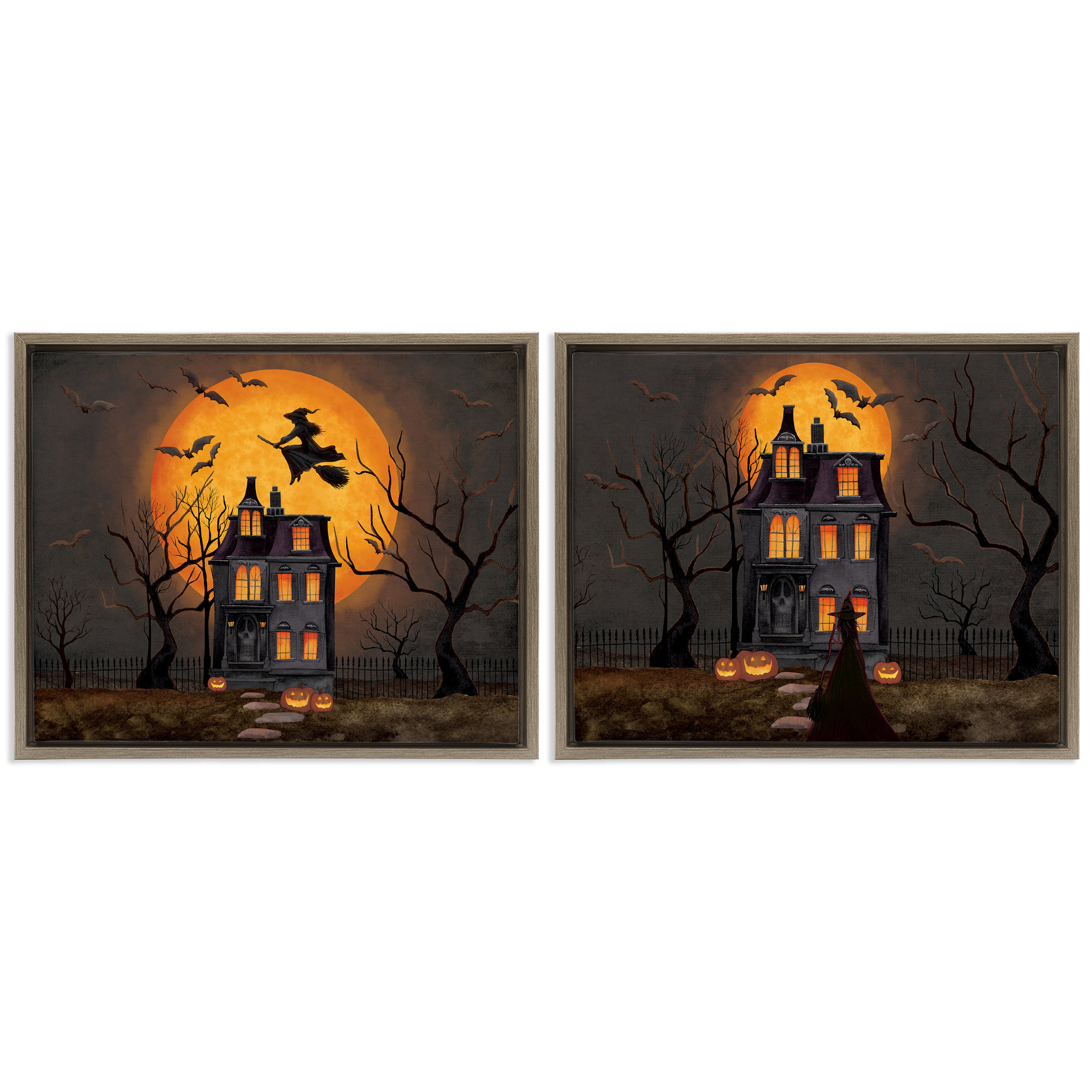 Latitude Run® Haunted Houses with Moon 2pc Floating Frame Set, design ...