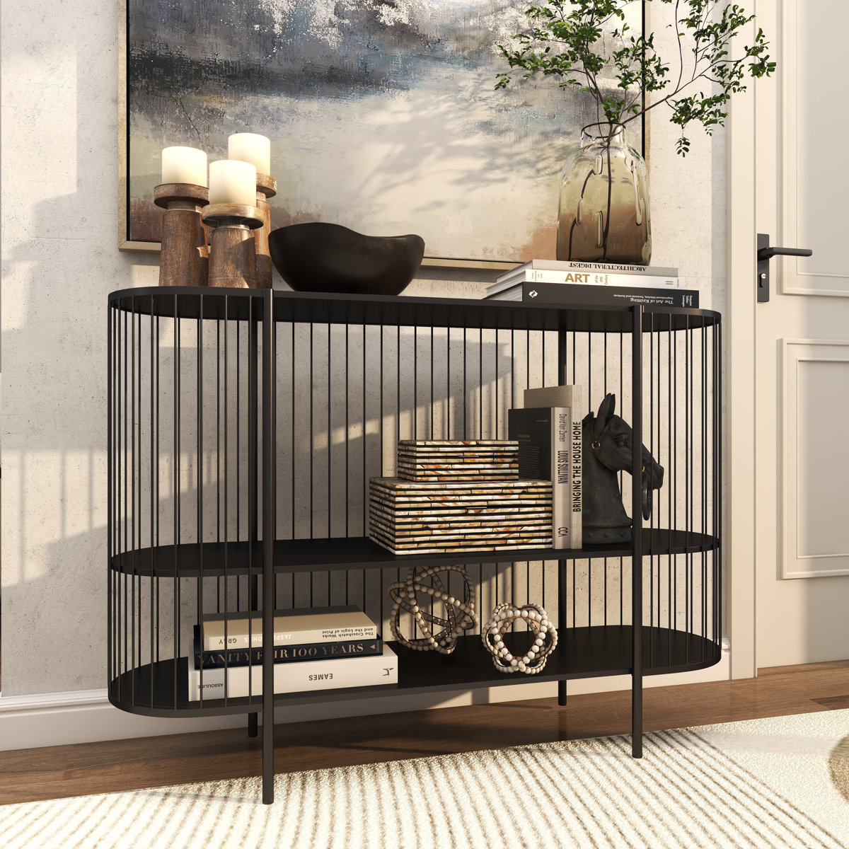 AllModern Sobro Black Metal Narrow Birdcage Style 2 Shelf Console Table ...