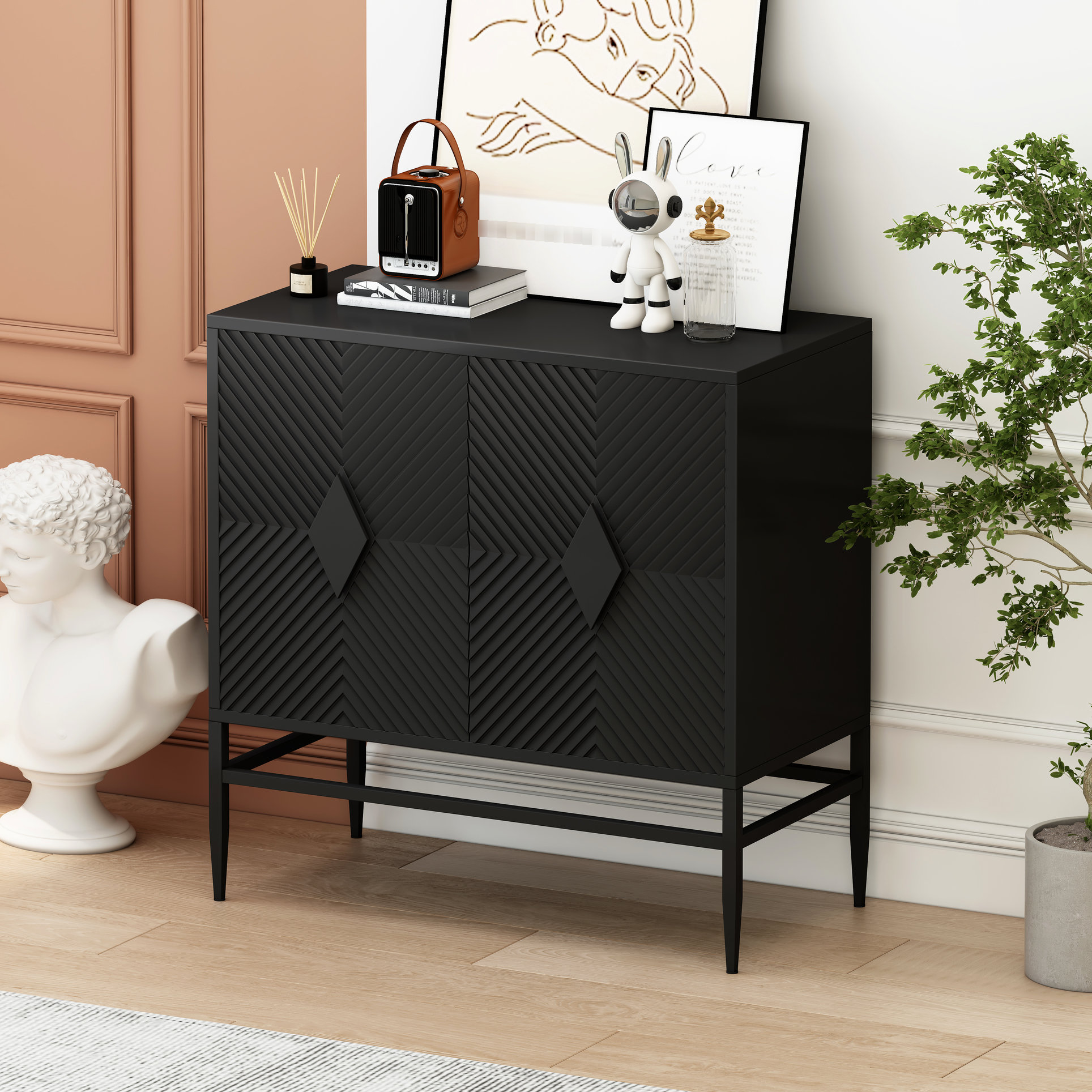 George Oliver 30.99" Wooden Cabinet With Metal Legs - Black, Minimalist ...