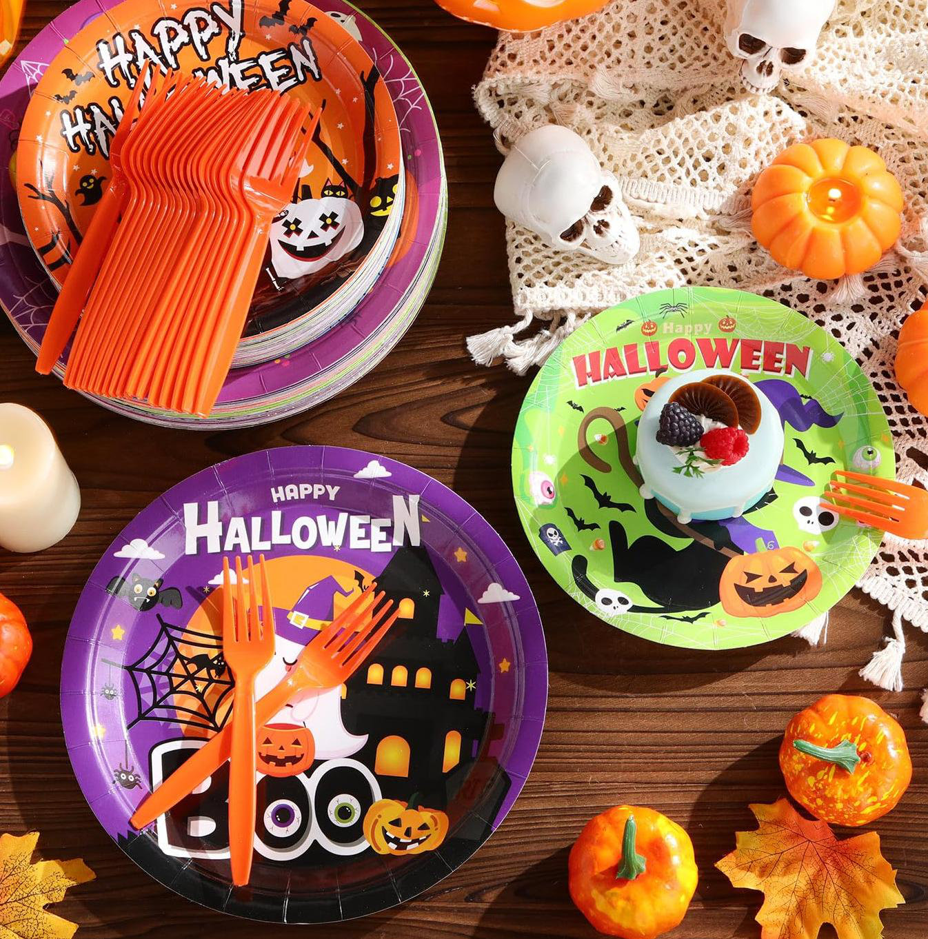 COEN 180-Piece Halloween Paper Plates and Forks Set features ghosts ...