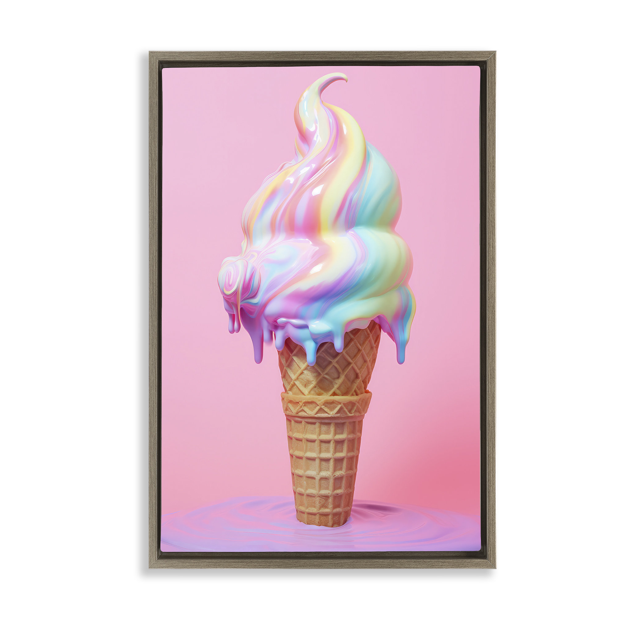 Latitude Run® Dripping Pastel Ice Cream Gray Framed Floater Canvas by ...