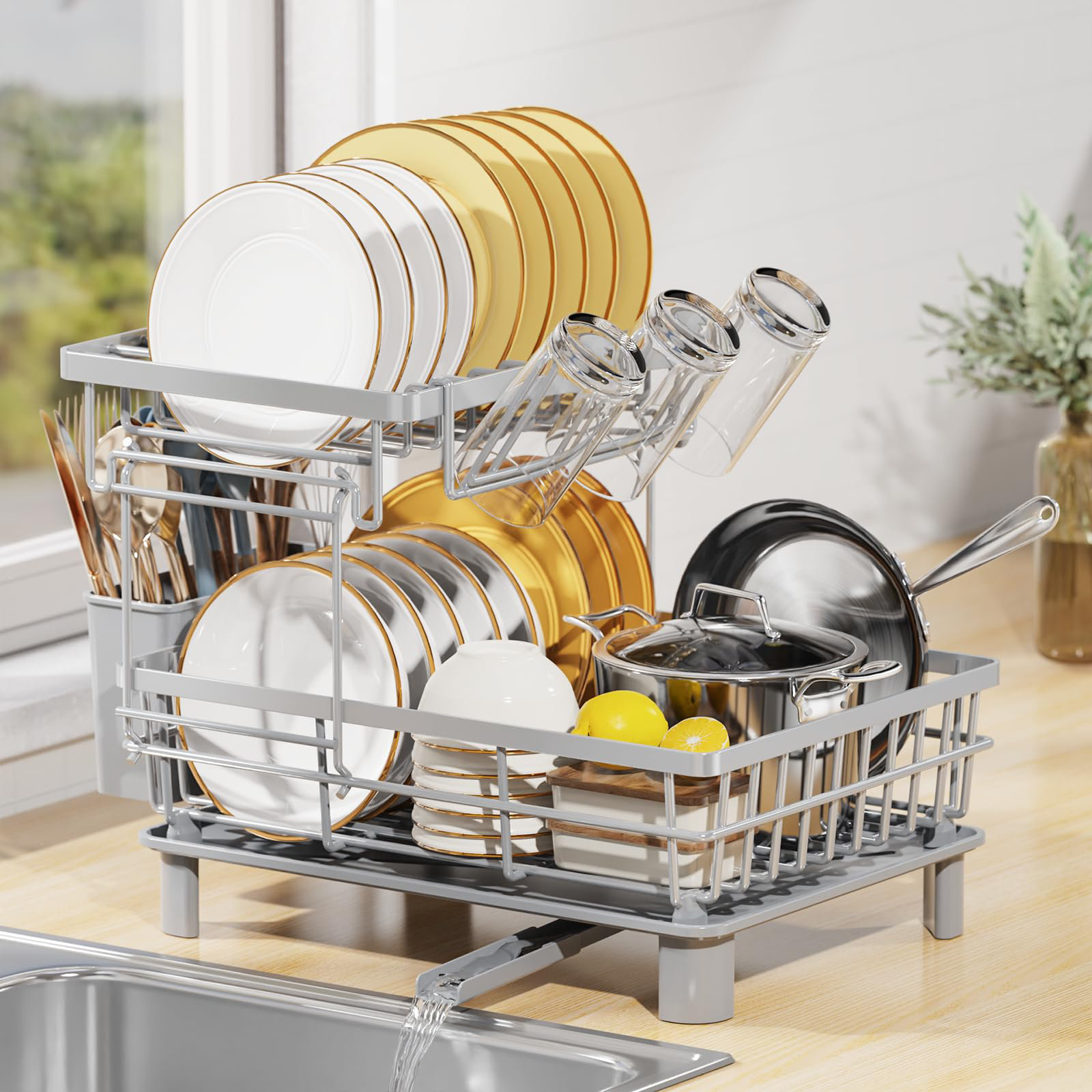 COAHAHA Space-Saving 2-Tier Metal Dish Drying Rack - Rust Resistant ...