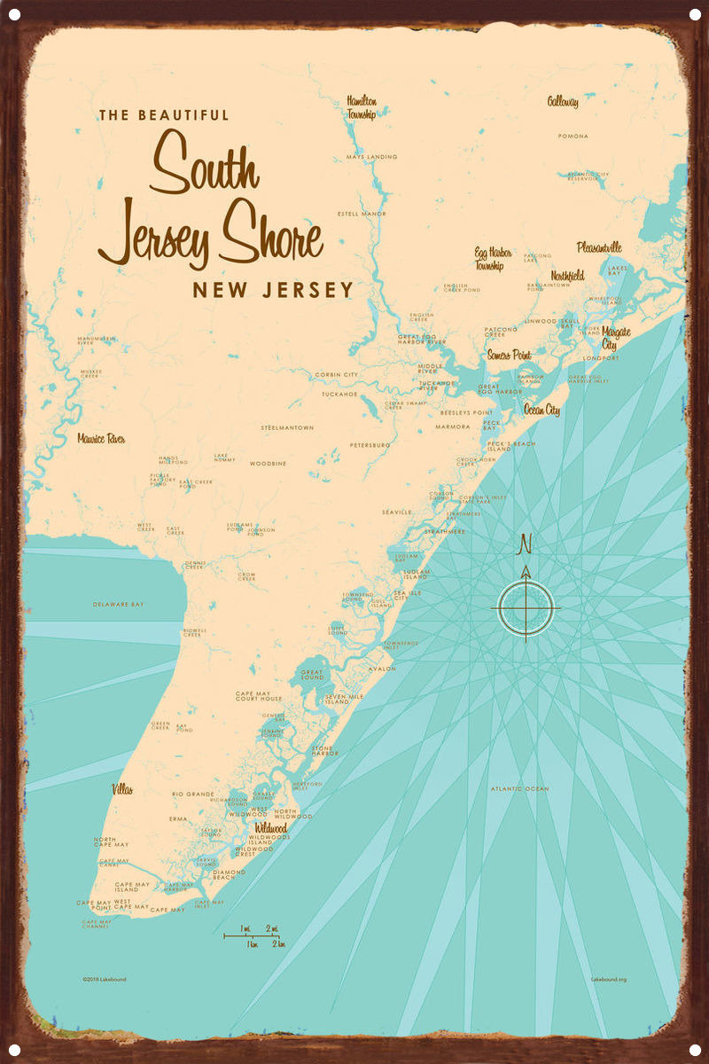 Breakwater Bay South Jersey Shore New Jersey Map Rustic Metal Art Print ...