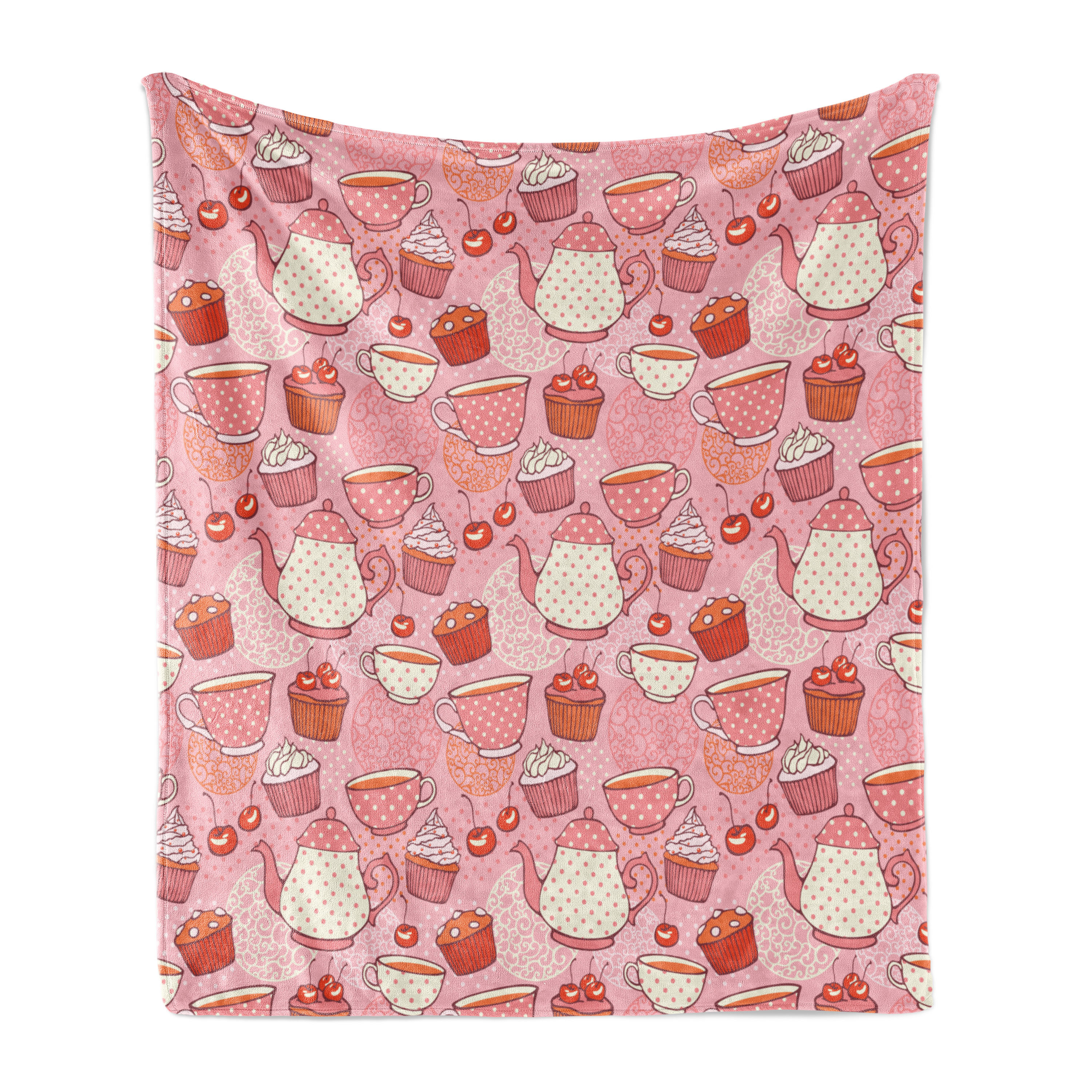 Ambesonne Polka Dots Fleece Throw Blanket Teapots Cups Cakes Pink ...