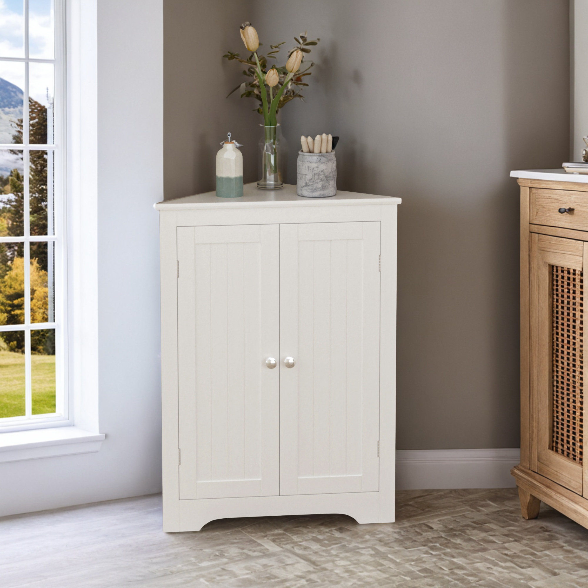 Winston Porter Floor Corner Cabinet with Two Doors and Shelves, Free ...