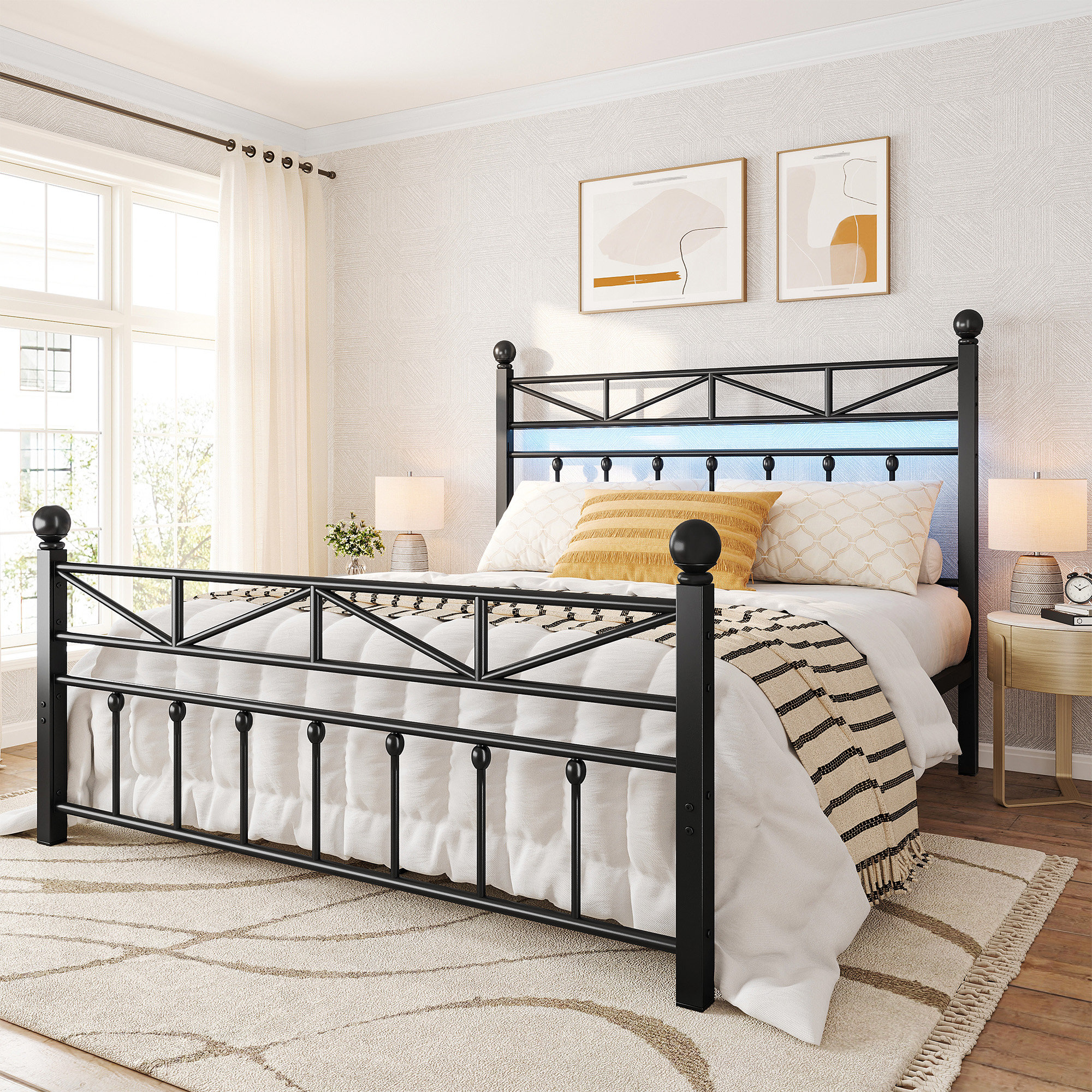 August Grove® 53.6" H Metal Platform Bed with LED Lights and Vintage ...