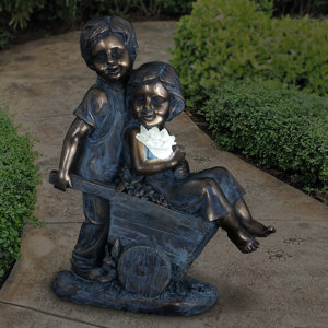 Exhart Solar Boy and Girl in Wheelbarrow Garden Statue, 10 by 13 Inches ...
