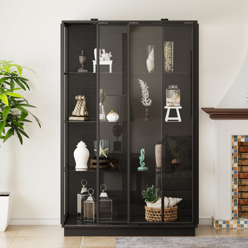 Latitude Run® 74.8" H Black Glass Sliding Door Display Cabinet With Two ...