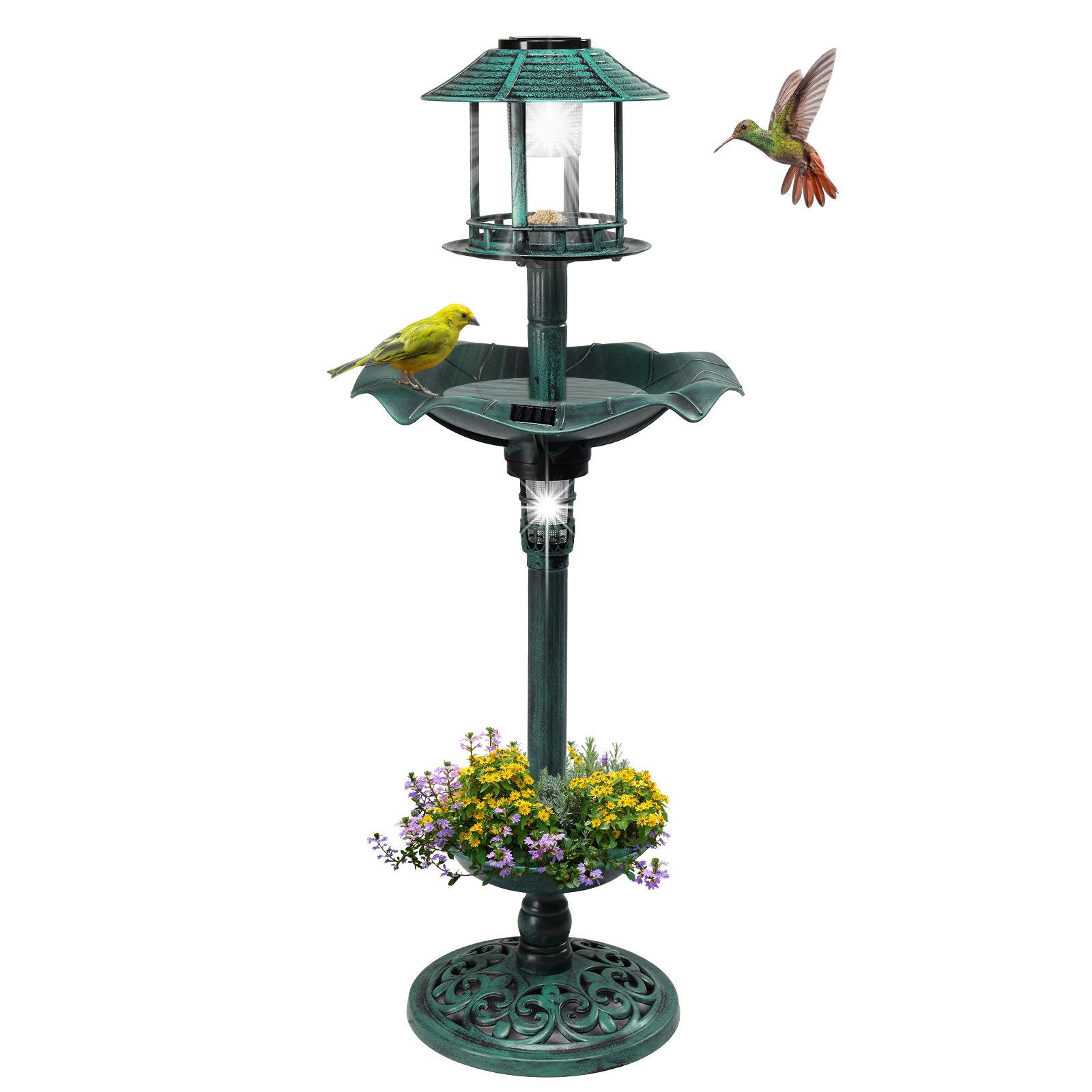 Fleur De Lis Living Outdoor Bronze Solar Lighted Pedestal Bird Bath ...