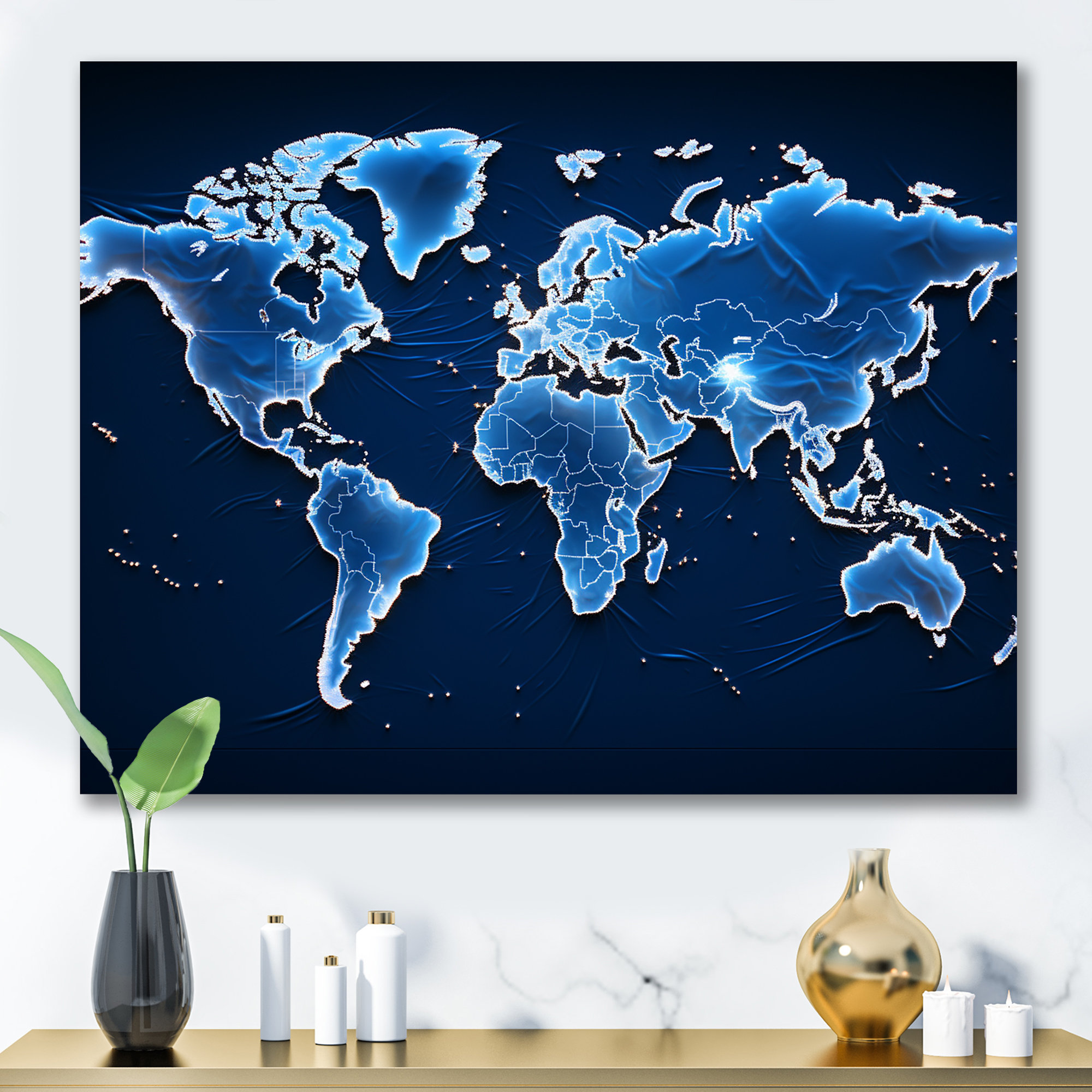 Design Art Majestic Meridians blue world map - World Map Wall Decor ...