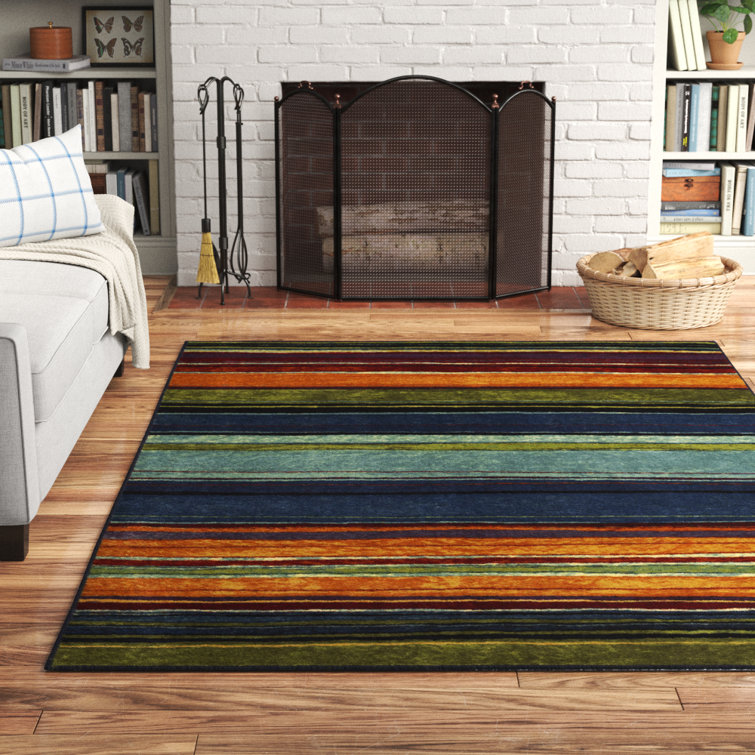 Highland Dunes Farranshane Striped Tufted Blue/Orange/Green Area Rug ...