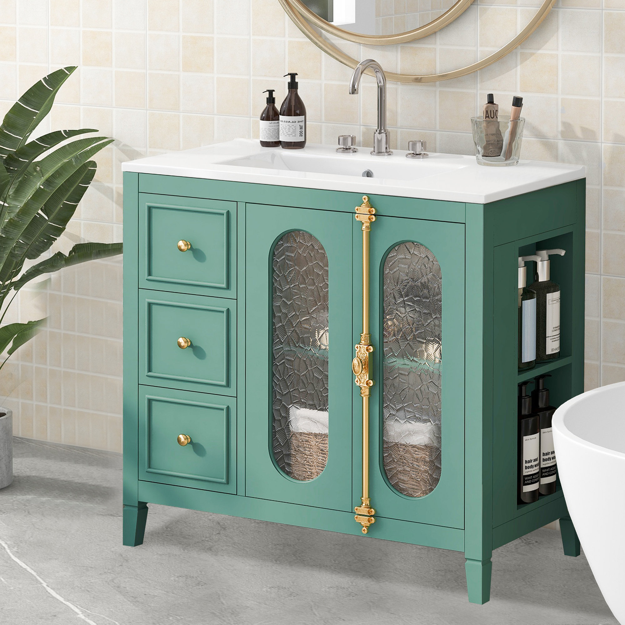 Mercer41 36" Single Bathroom Vanity with Ceramic Top and Sided Storage ...