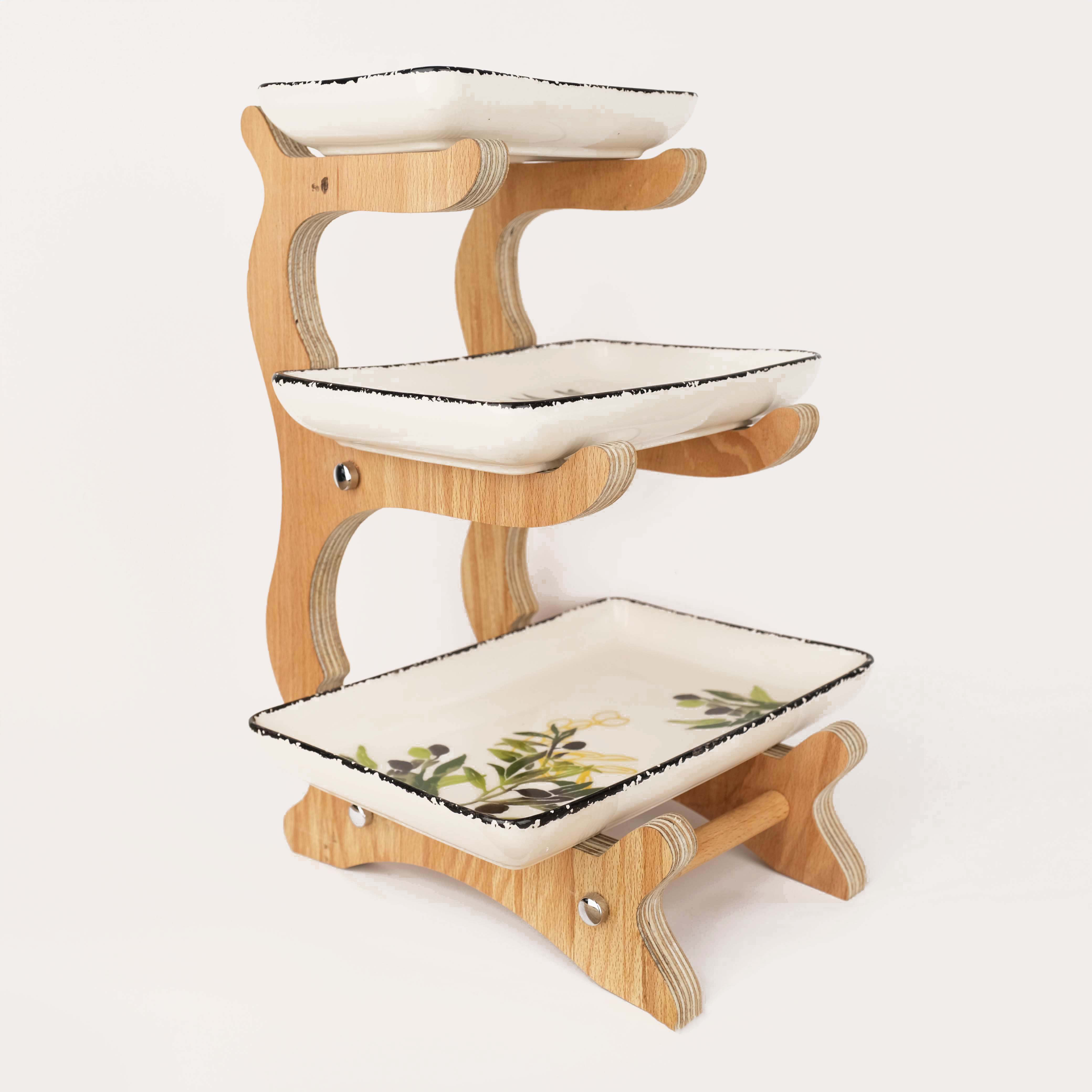 Resinwoodliving 3 Ceramic Serving Plates & Wooden Stand | Wayfair
