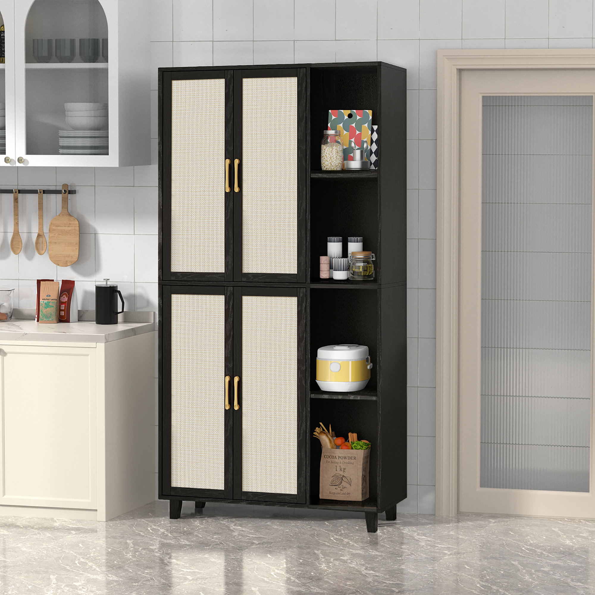 Bay Isle Home™ Aodan 70.87'' Rattan Kitchen Pantry With Side Shelf ...