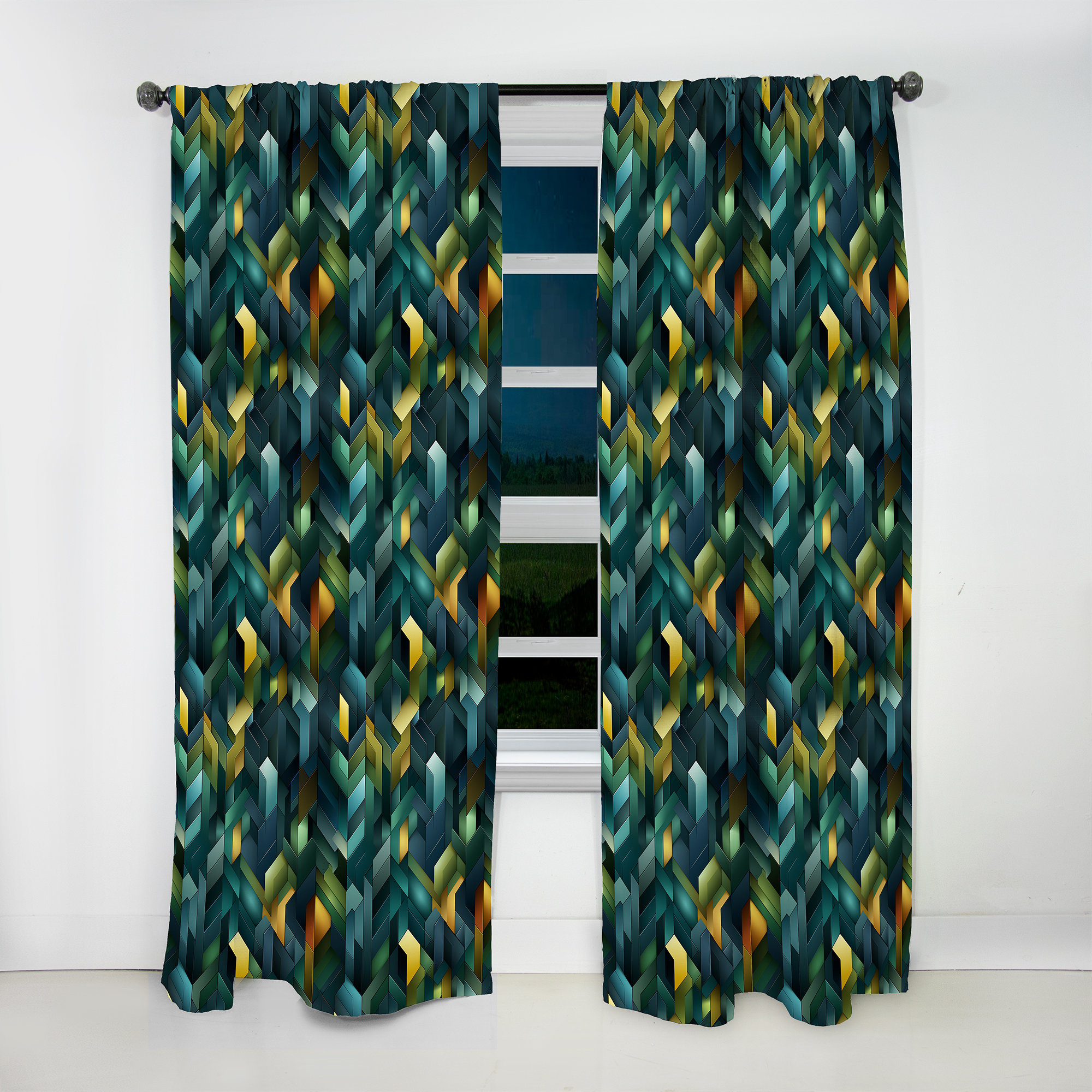 Design Art Green Cubic Oasis Geometric IV - Abstract Curtain - Velvet Room Darkening - 1 Panel ...