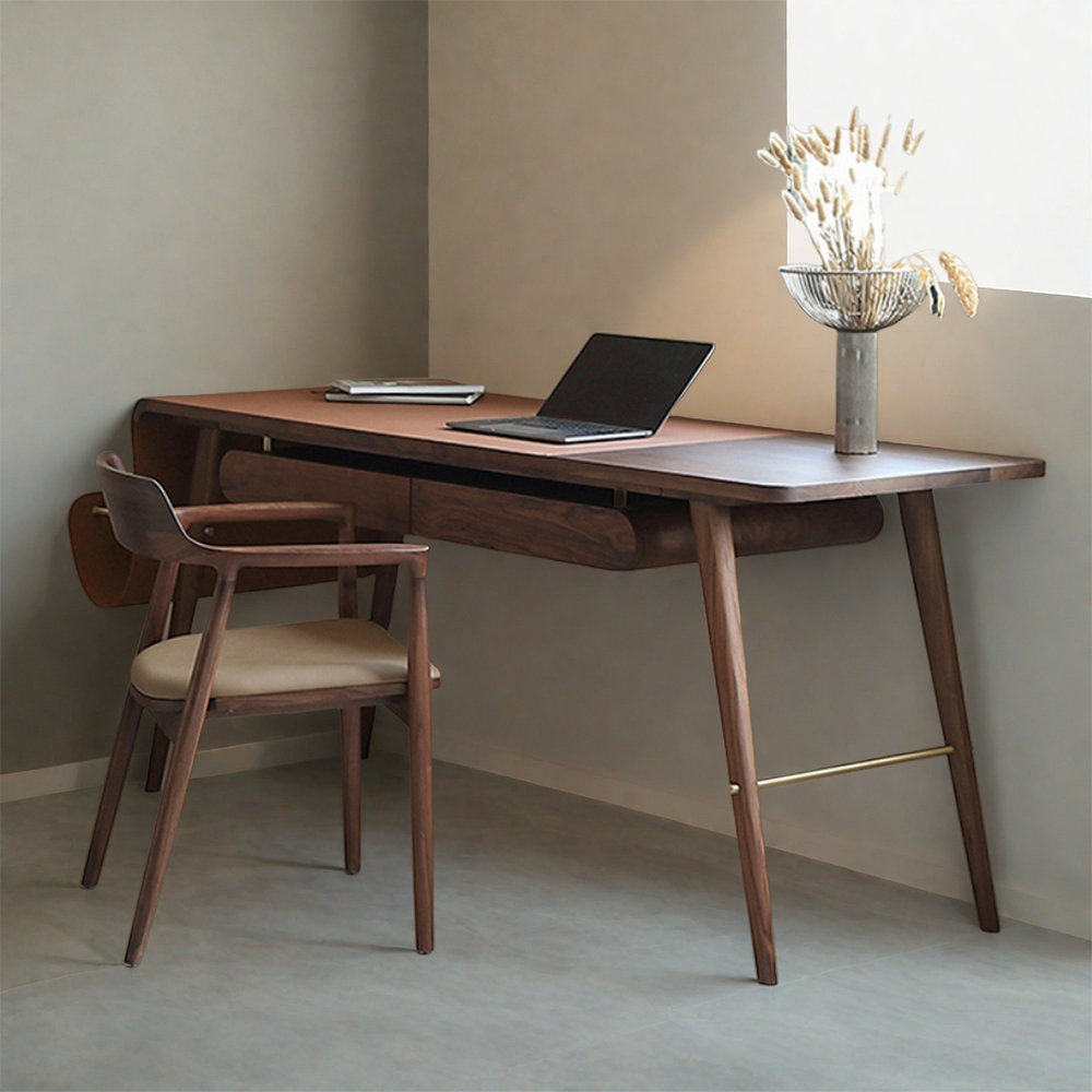 Corrigan Studio Walnut Wood Faux Leather Rectangular Writing Desk ...