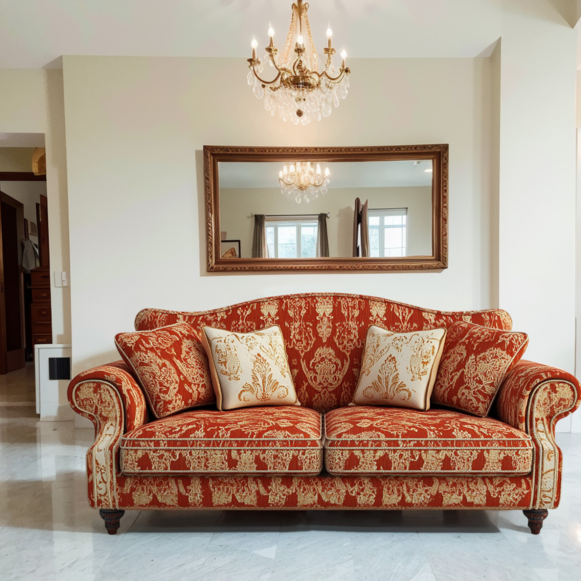 Fleur De Lis Living Vintage Red Damask Sofa Luxury Gold | Wayfair