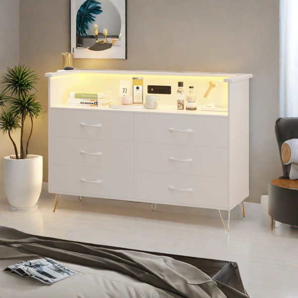 Wrought Studio™ 6 Drawer Dresser With Power Outlet & Led Light, Chest ...