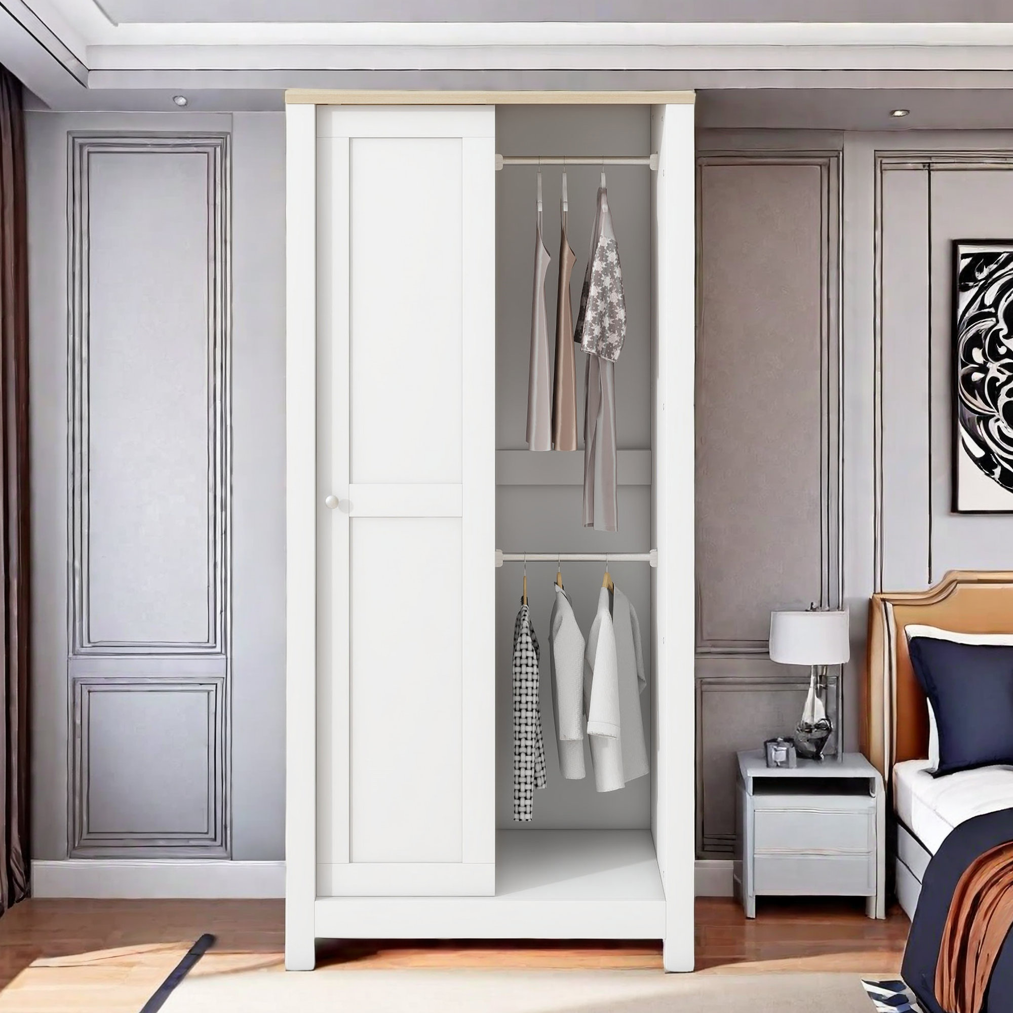 Red Barrel Studio® Wardrobe With Hanging Rods, 2 Drawers, Open Shelves ...