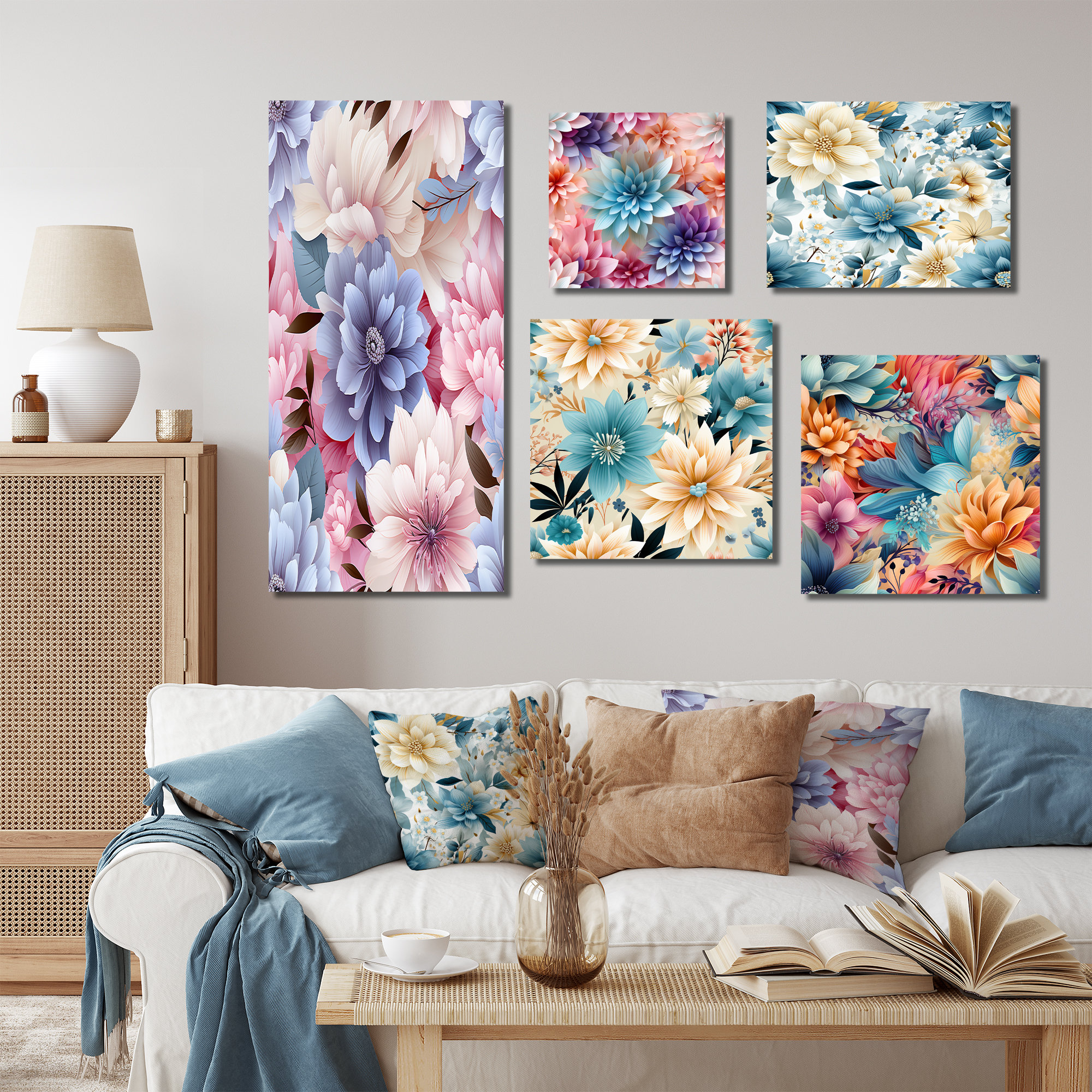 Design Art Boho Pastel Floral Mandala Harmony - Floral Wall Decor Set ...