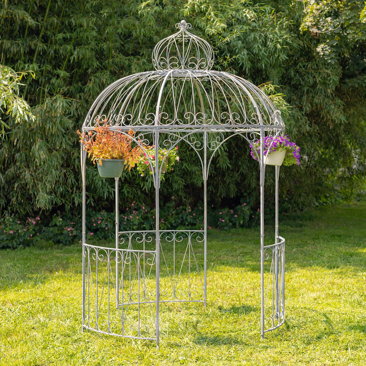 Zaer Ltd International 9ft. Tall Round Iron Garden Gazebo with Three Side Walls in Blue-Green ...