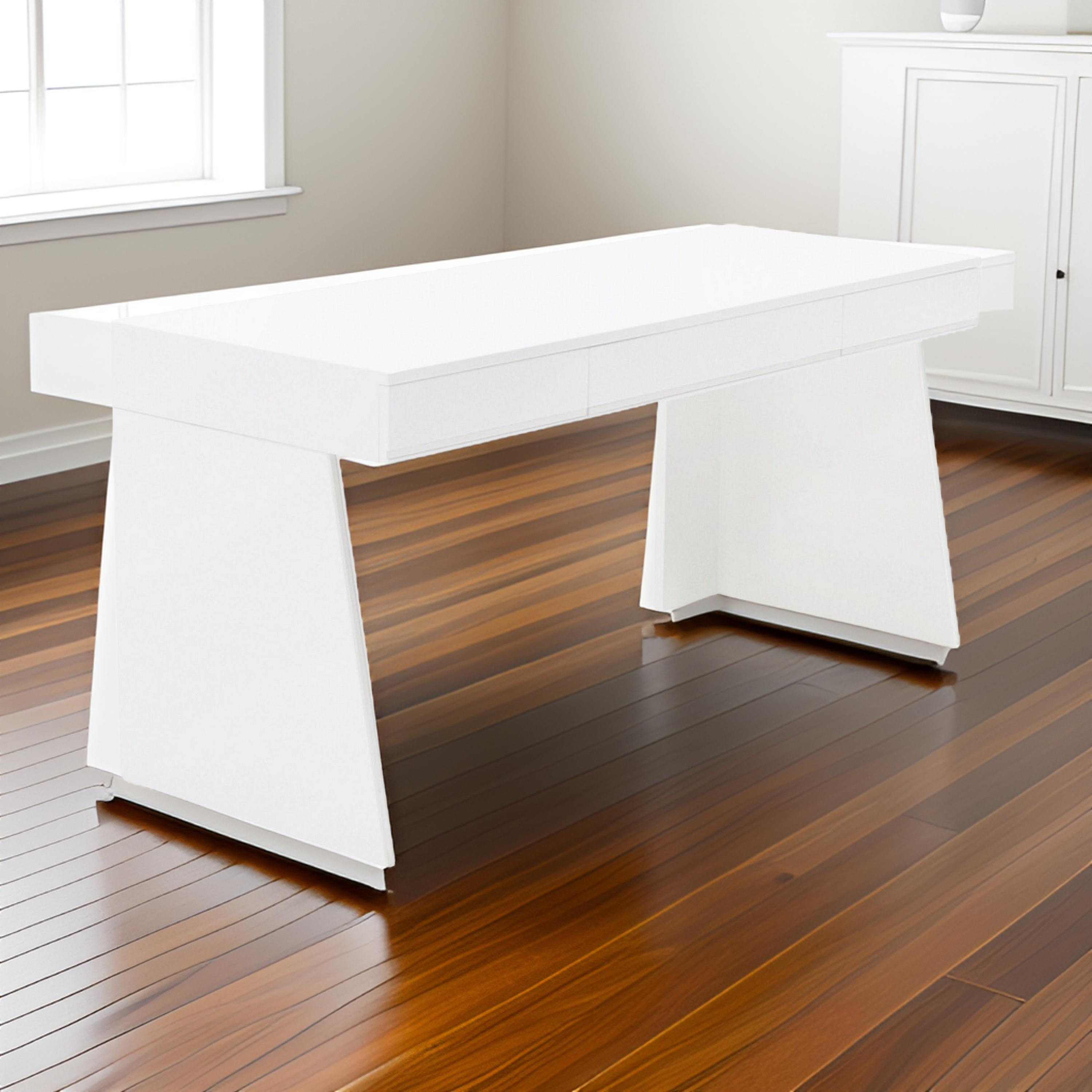 Benjara 63 Inch Office Desk, 3 Drawers, Modern Glossy White | Wayfair