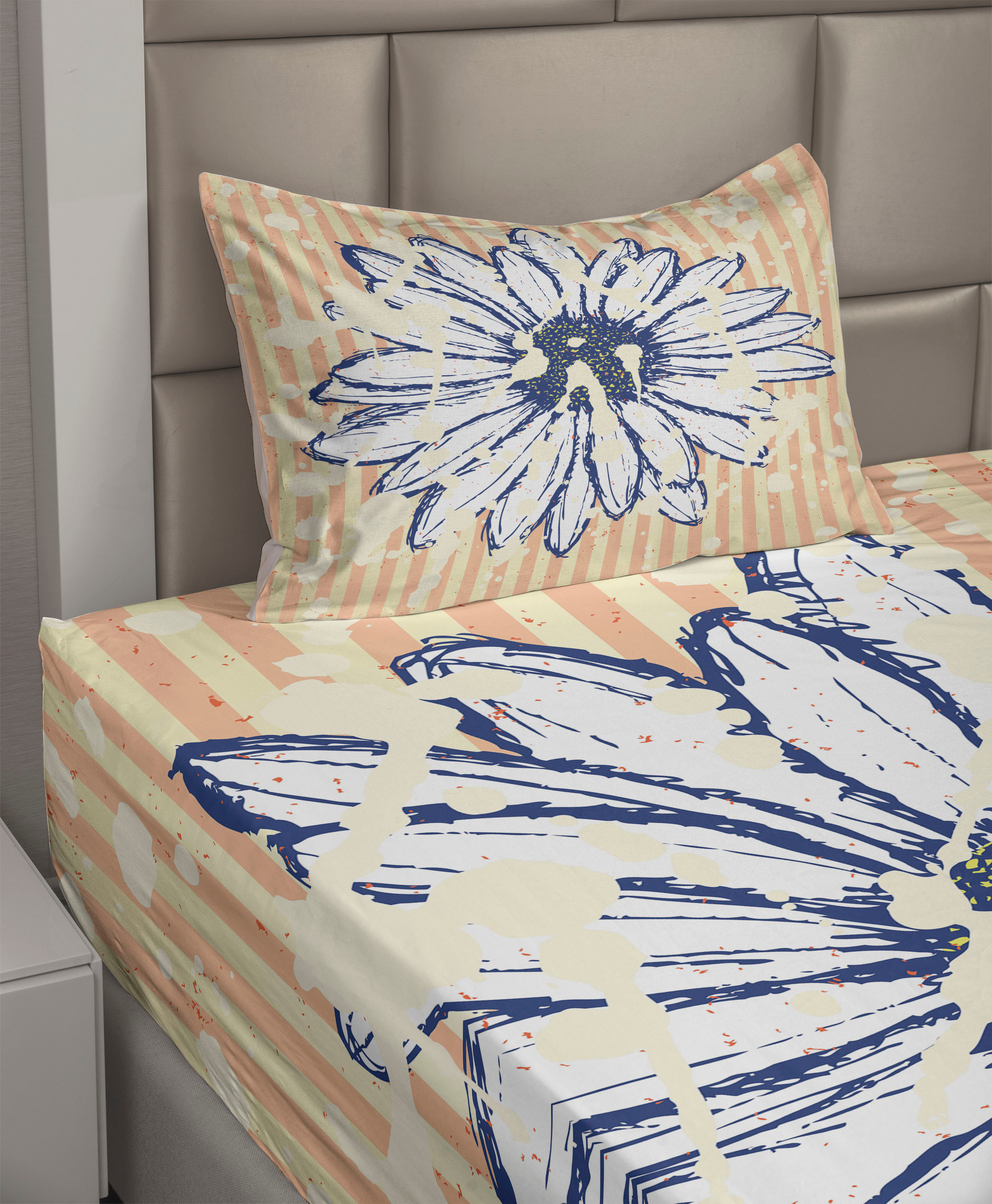 Ambesonne Daisy Sheet Set Chamomile with Gentle Petals Beige Dark Blue ...