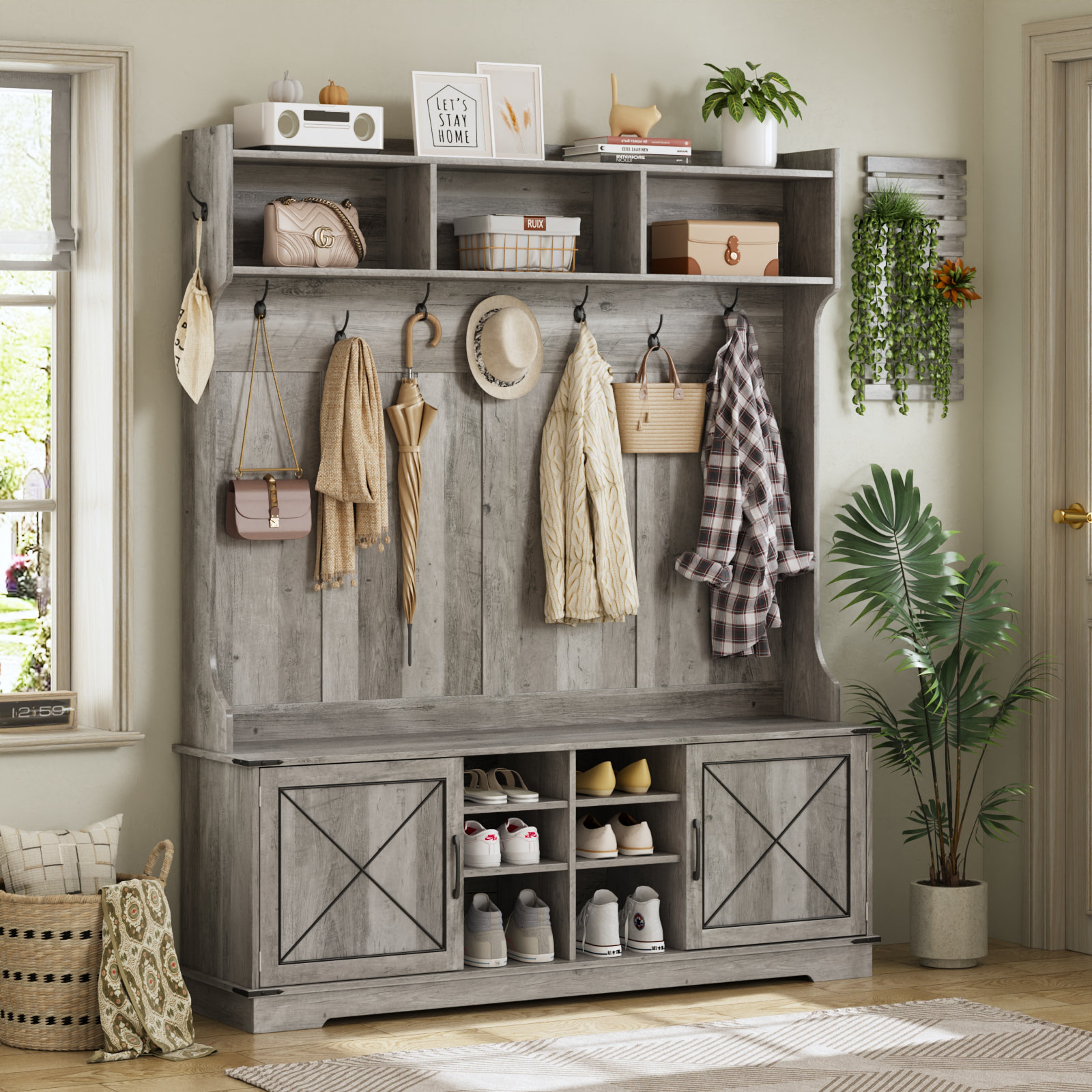 August Grove® Jaxsin Farmhouse Hall Tree 59" Wide with Bench and Shoe ...