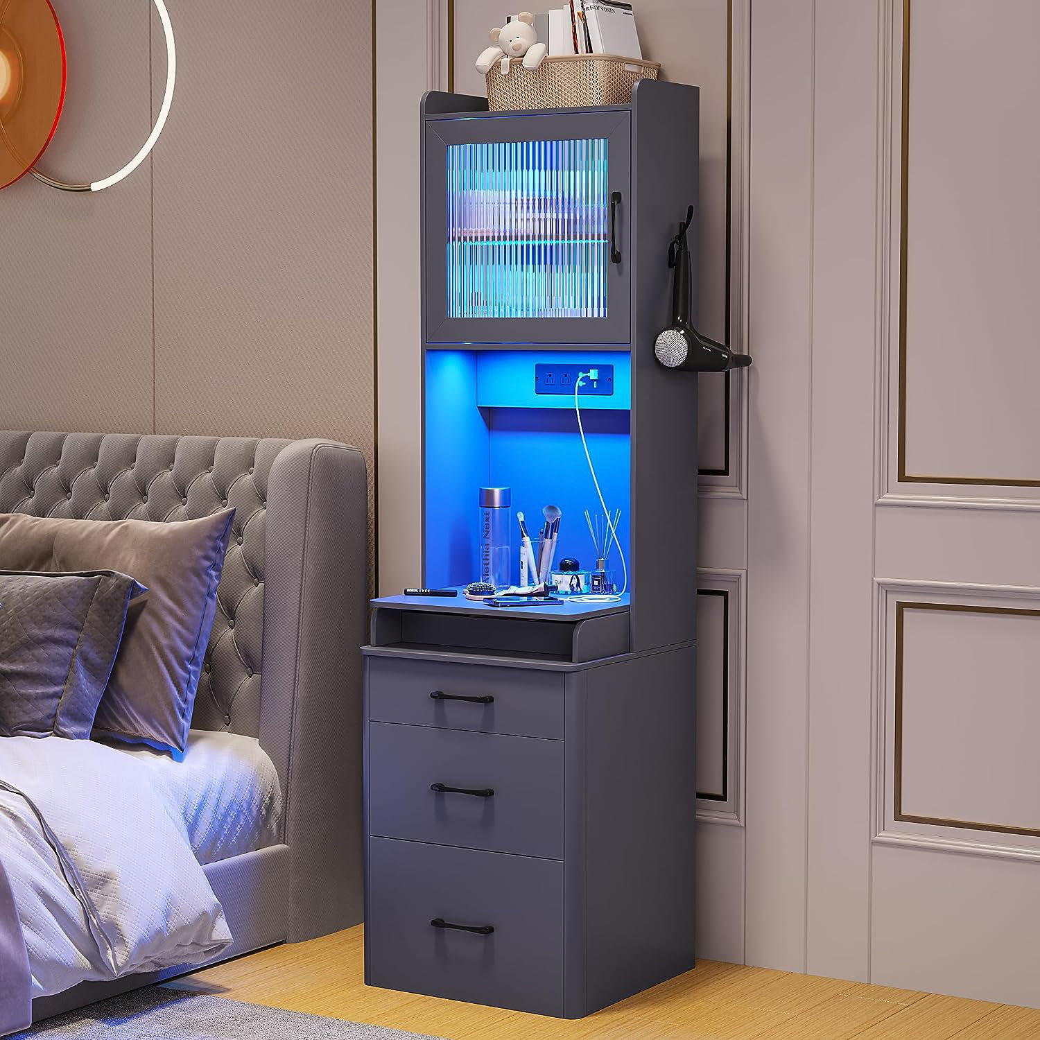 Ivy Bronx Jamone Storage Makeup Vanity with LED Lights and Power ...