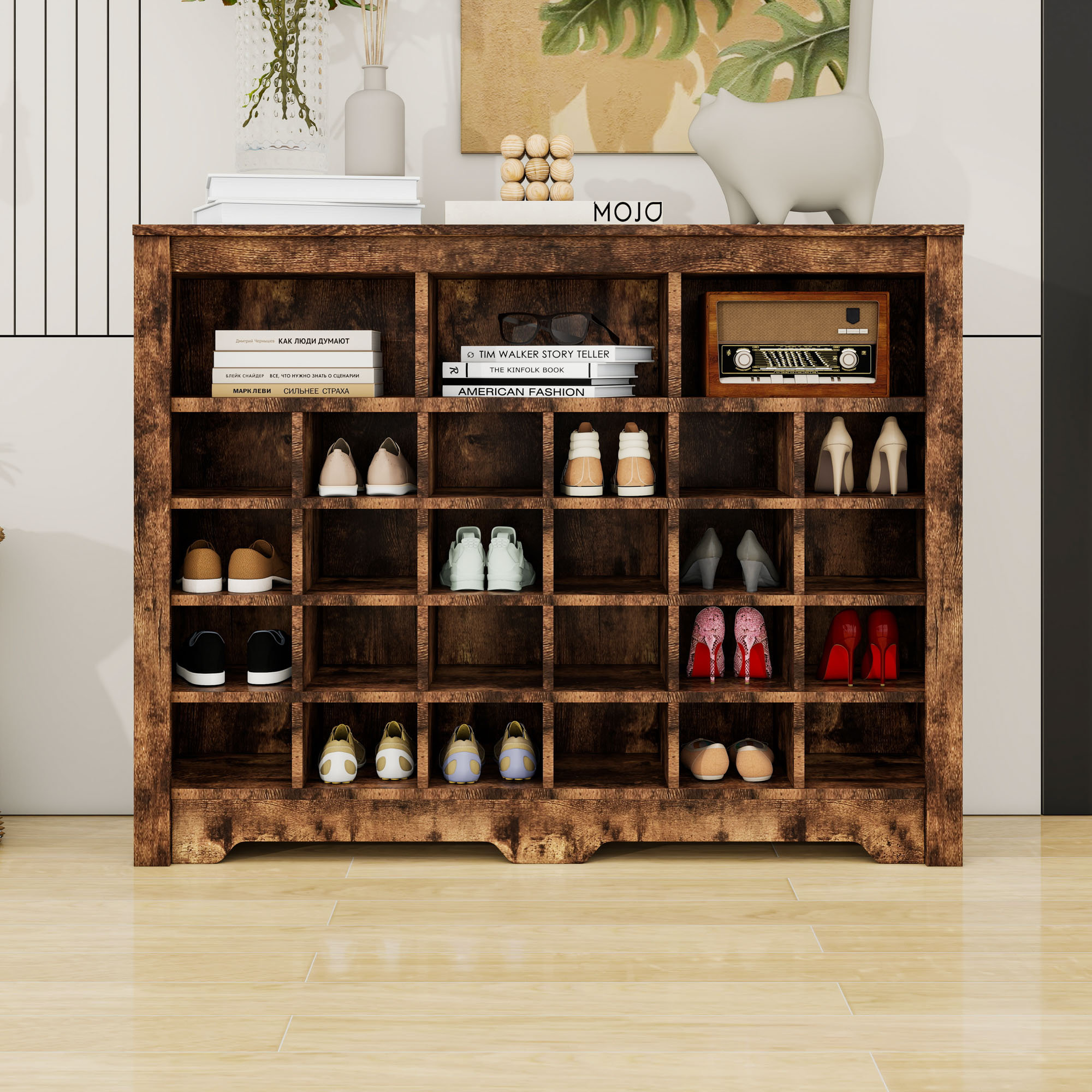Hokku Designs Wood Shoe Cabinet with 24 Small Cubbies and Curved Base ...