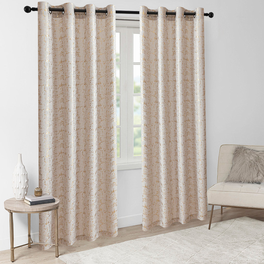 Everly Quinn Foil Print Linen Textured Curtains, Grommet Top, 2 Panels ...