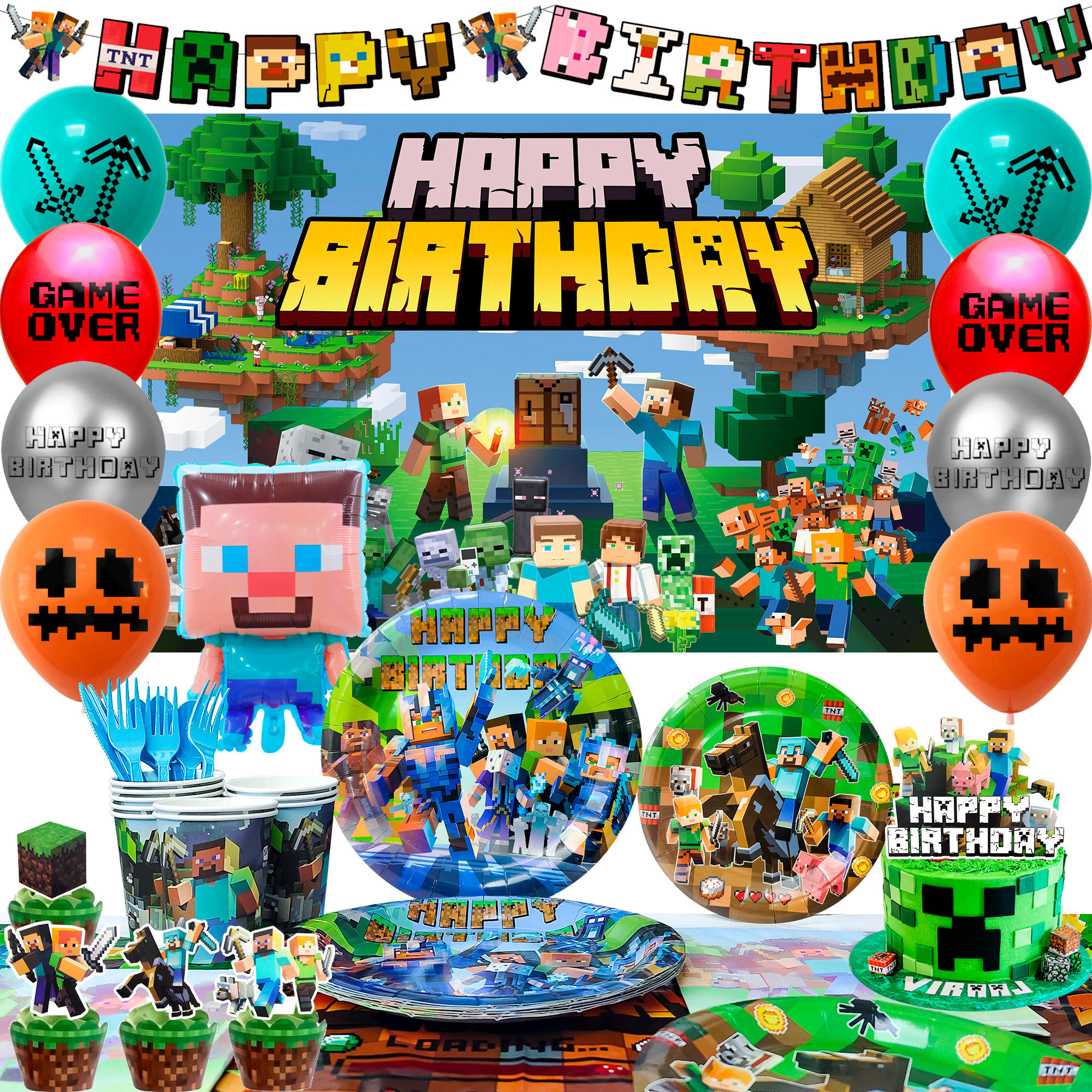 The Party Aisle™ Birthday party supplies,113pcs pixel theme style party ...