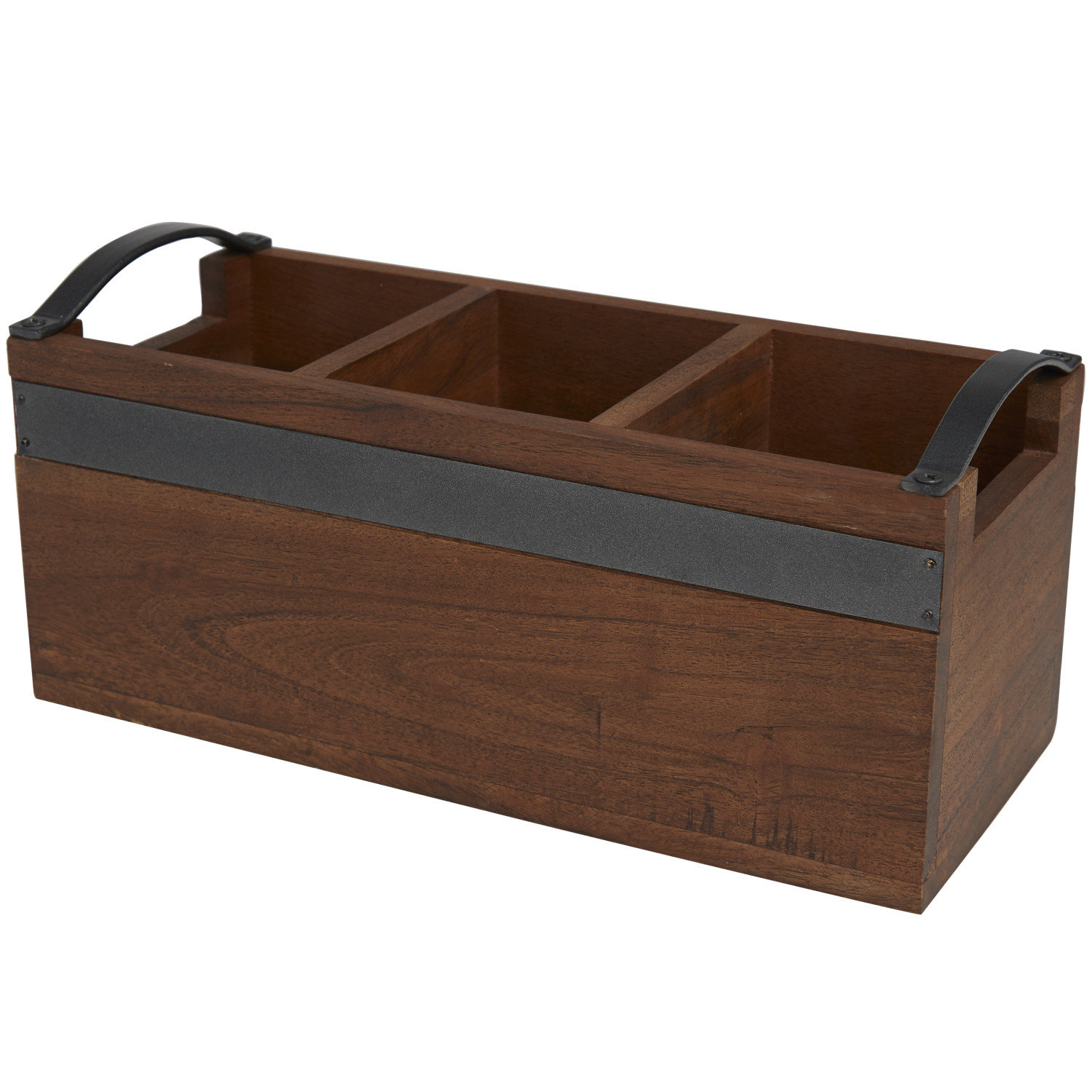 Winston Porter Wood 3 Section Decor Tray with Black Metal Handles | Wayfair