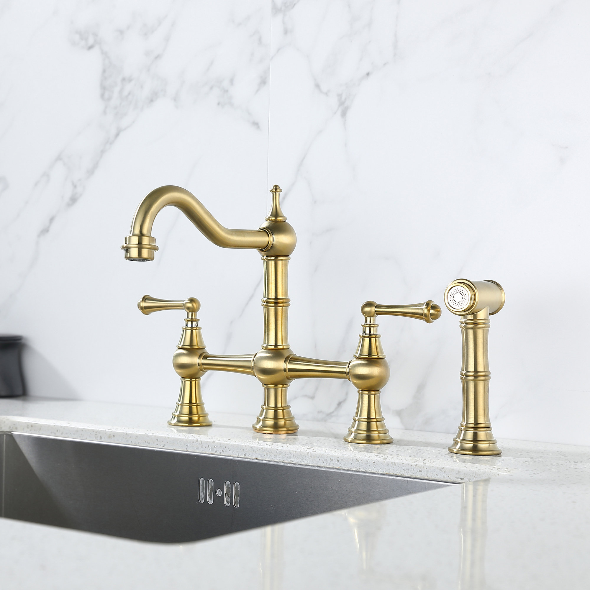 DROP Bath and Kitchen Pull Out Bridge Faucet with Side Spray | Wayfair