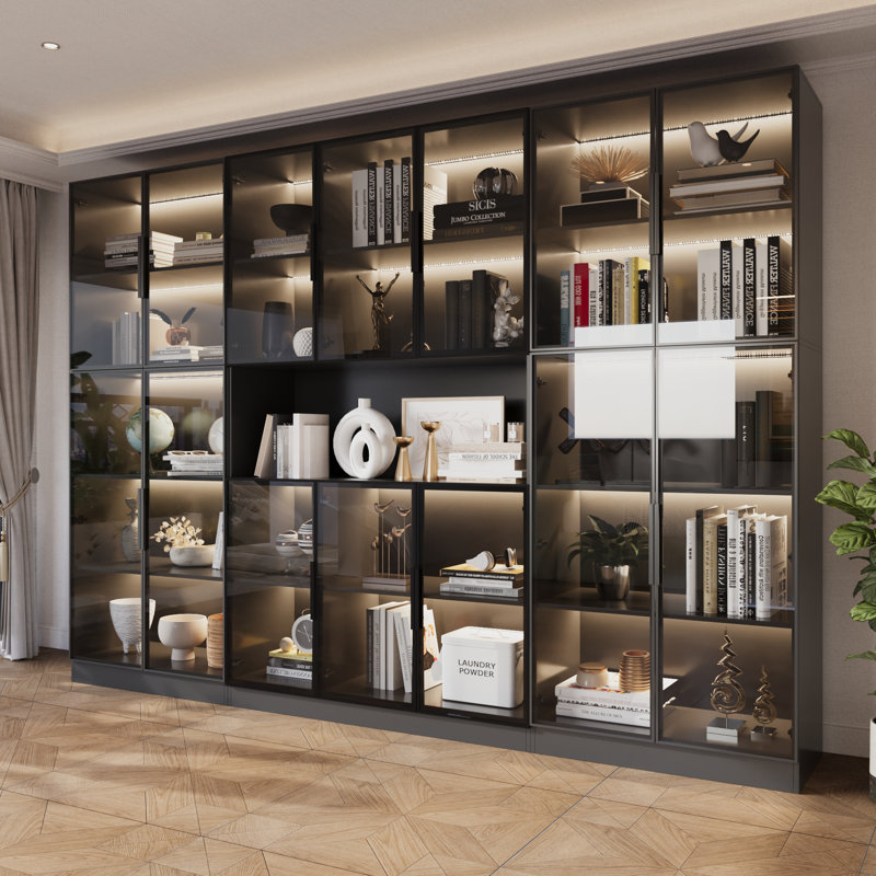 Hokku Designs 110 '' W Black Combination Bookcase With Glass Doors And ...