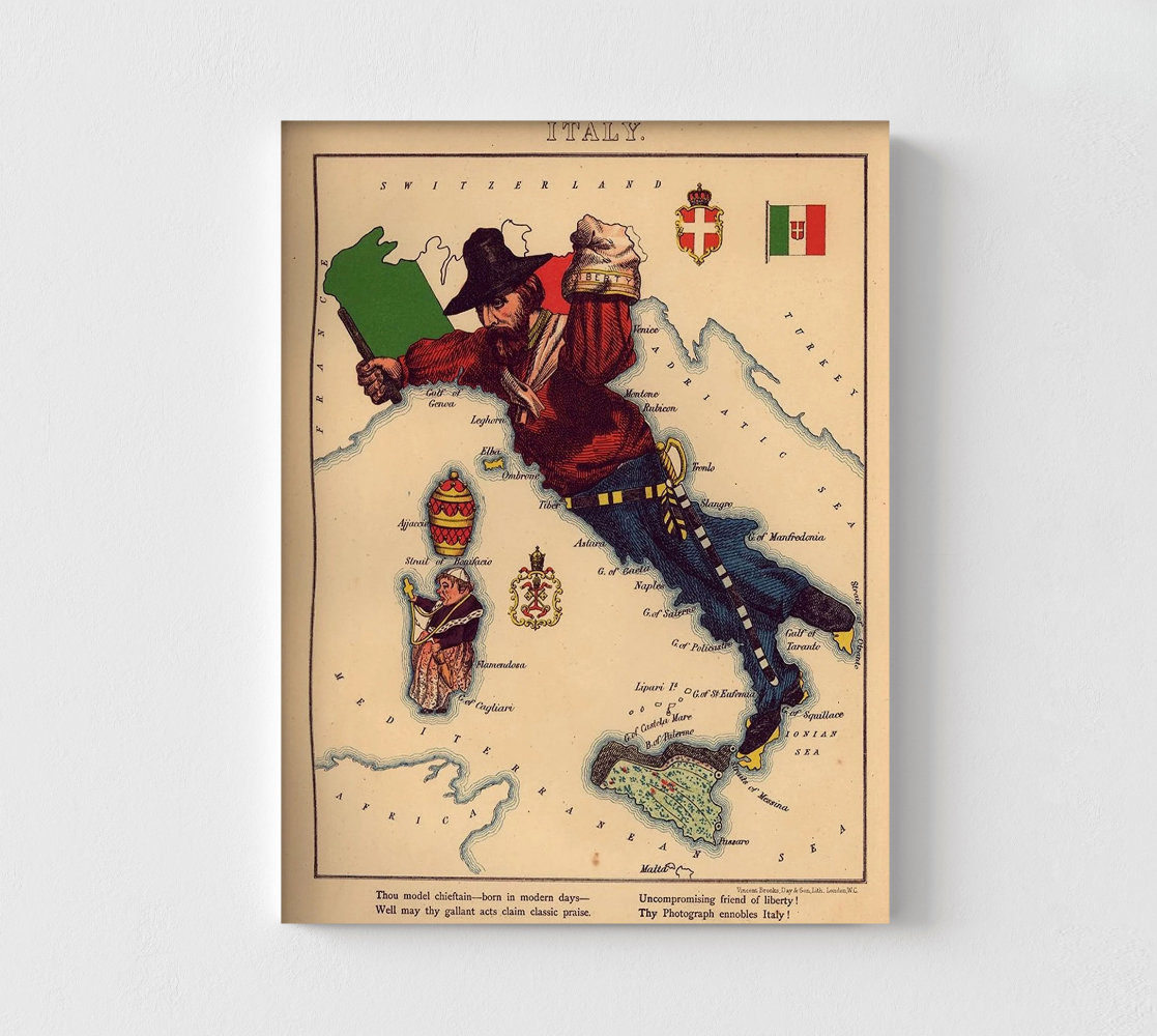 WeFrameArt Anthropomorphic Map Of Italy, Italian Map Poster, Italy Map ...