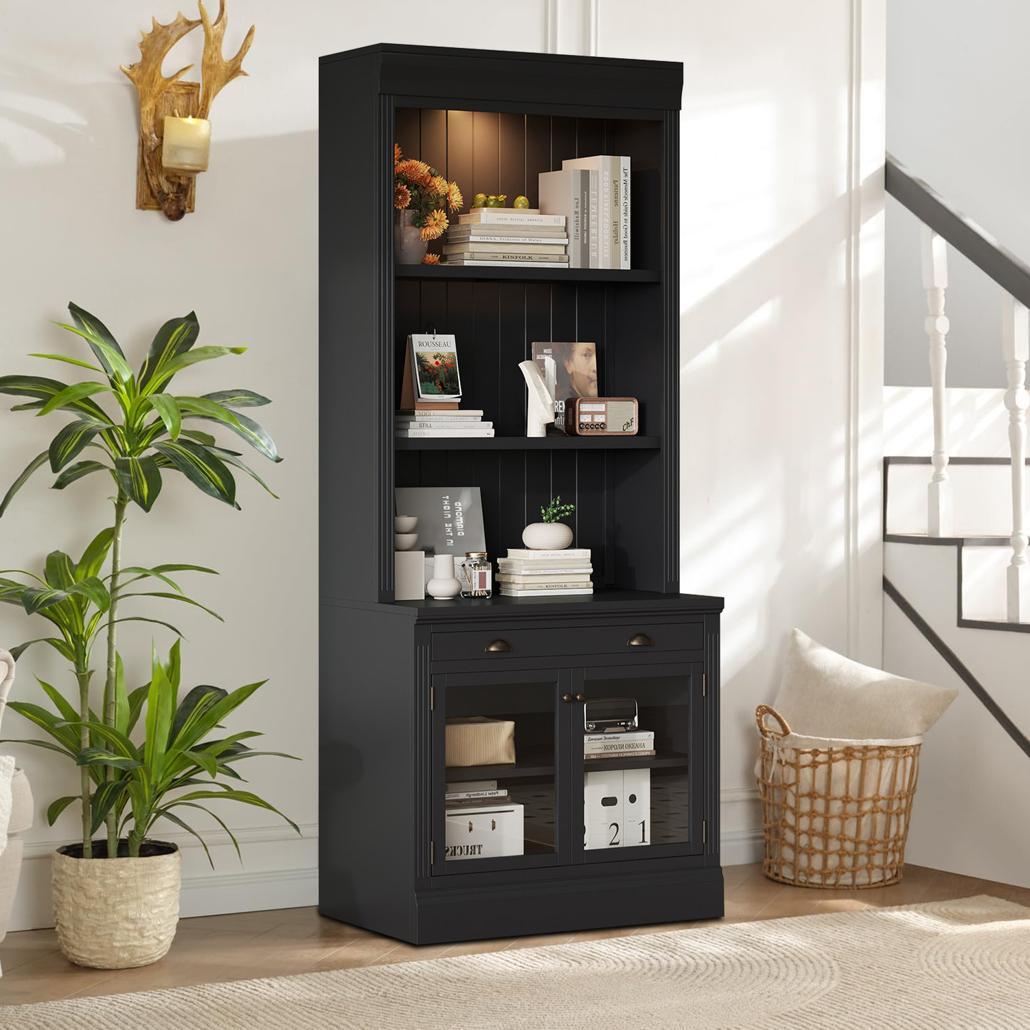 Orren Ellis Modern Tall Bookcase with storage, Adjustable Shelves ...