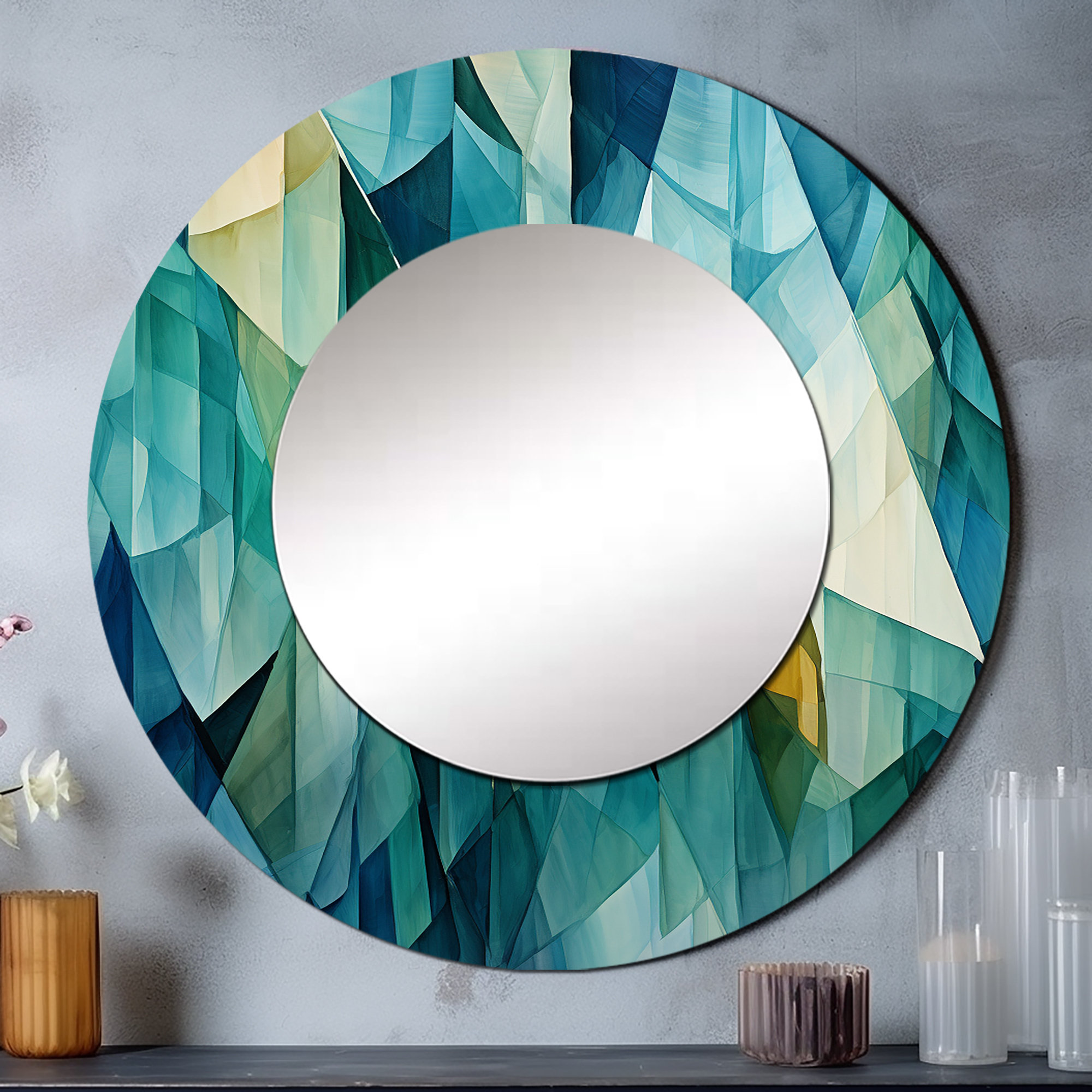 Design Art Teal Tessellations - Abstract Shapes Round Mirror Wall Decor ...