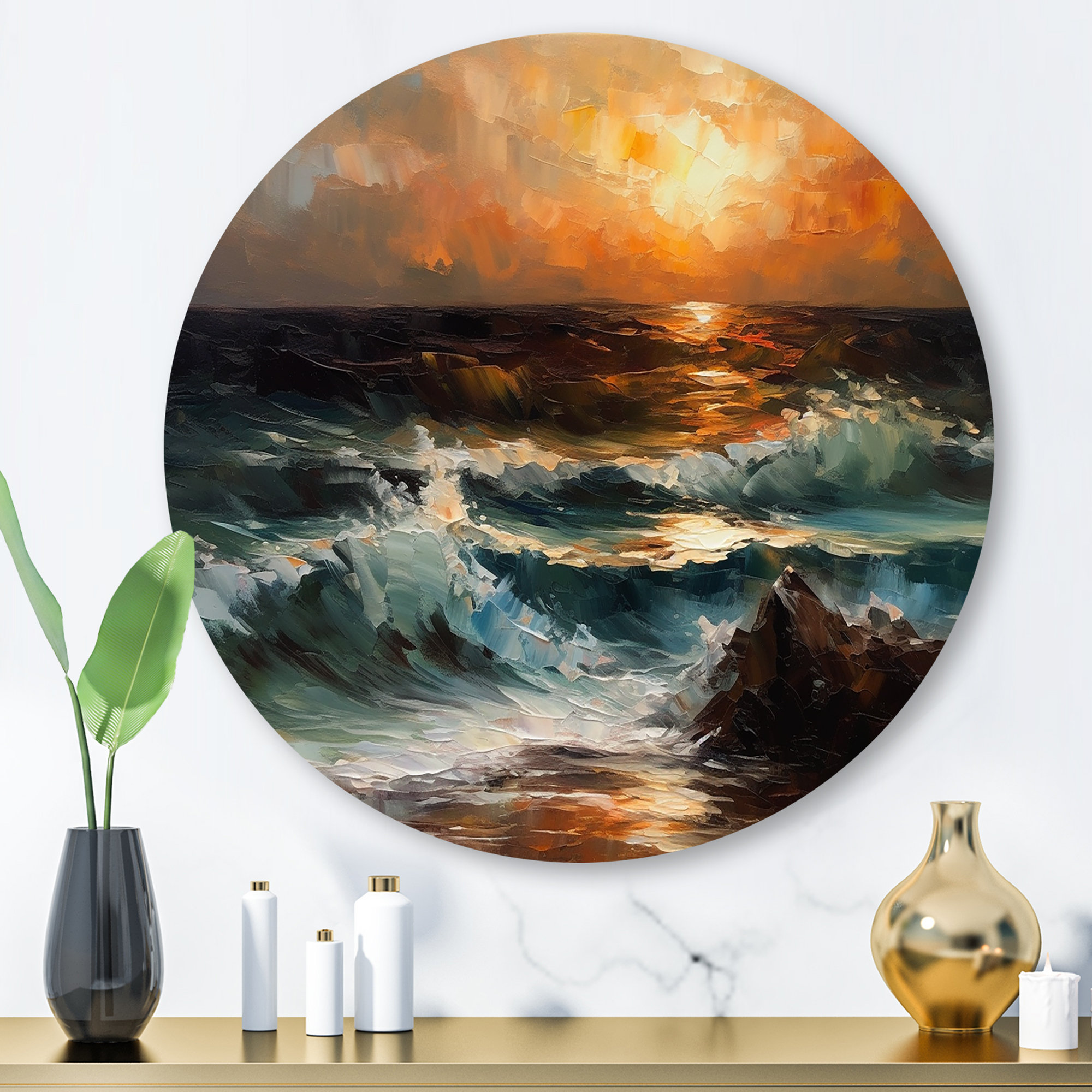Dovecove Emberto Whispering Coastal Sunset I - Modern Beach Round Metal ...