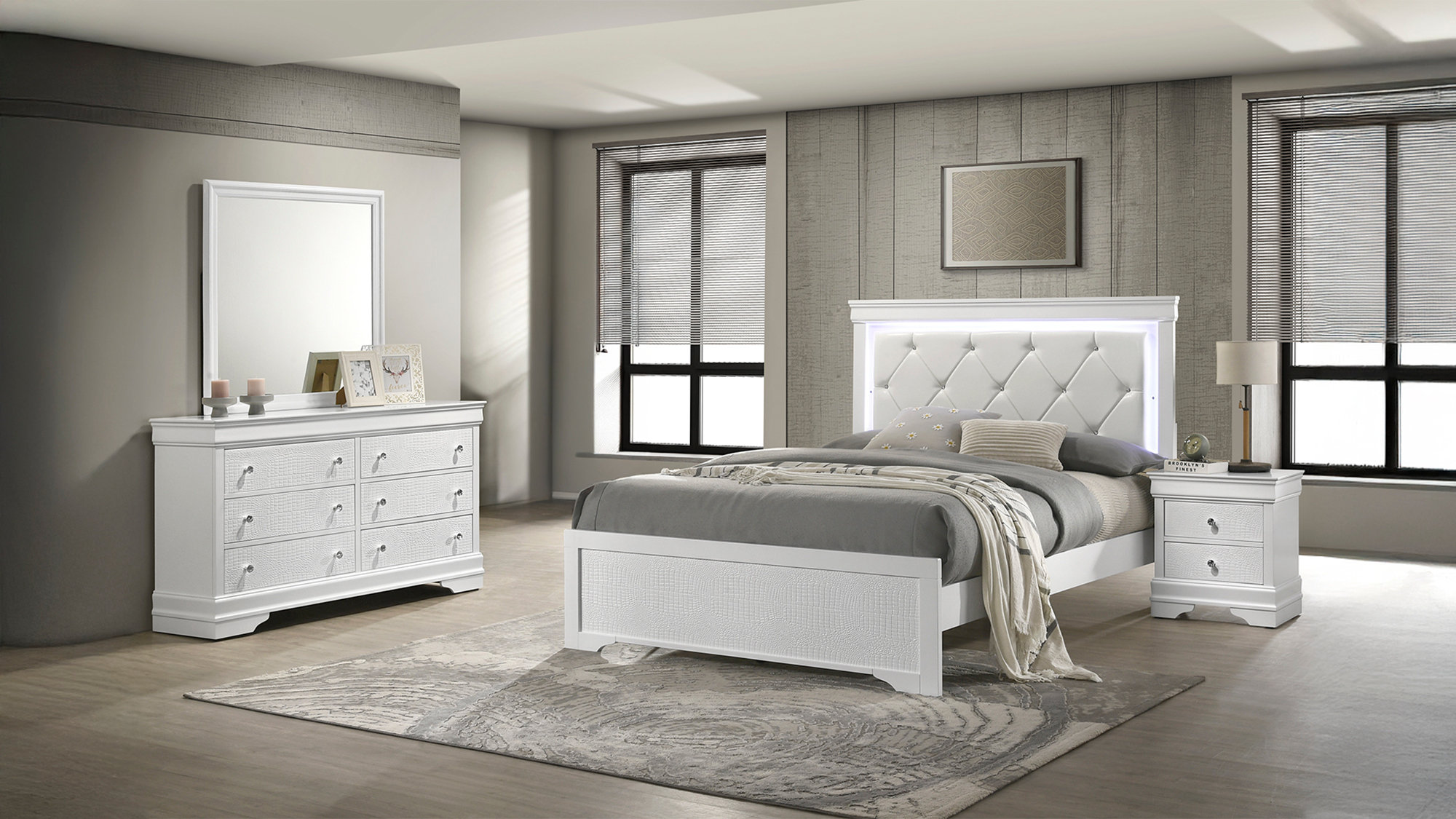 Orren Ellis Blaze Upholstered Modern Style 4 Pc Queen Bedroom Set with LED Headboard Made with ...