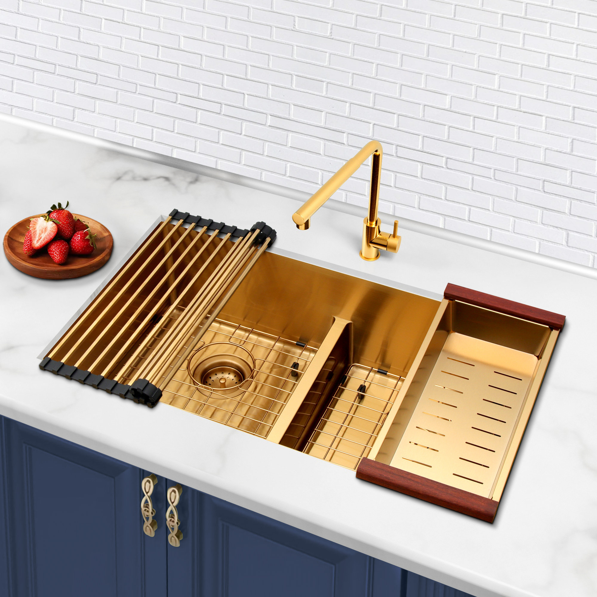 LQS 32" L X 18" W Low Divider Double Bowl Undermount Kitchen Sink 16 ...